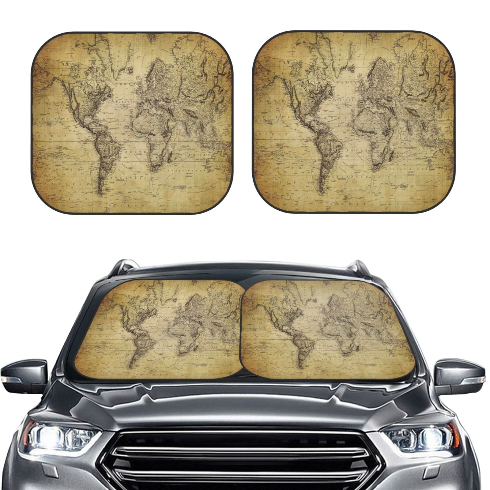 Picia Vintage World Map 2 Piece Car Windshield Sun Shade Foldable ...