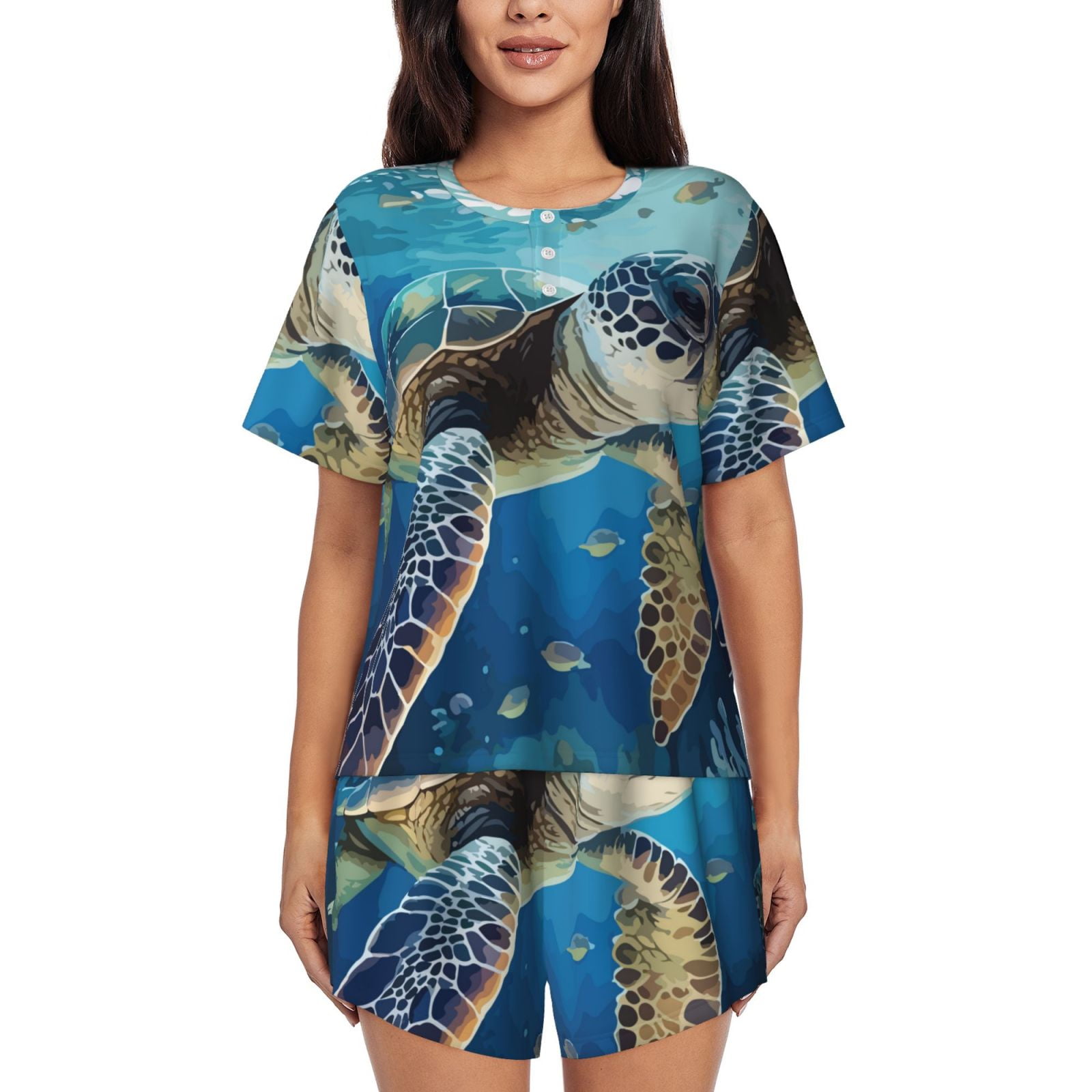 Picia Watercolor Turtle Pajamas Sets for Women Soft Short-Sleeved Pjs ...