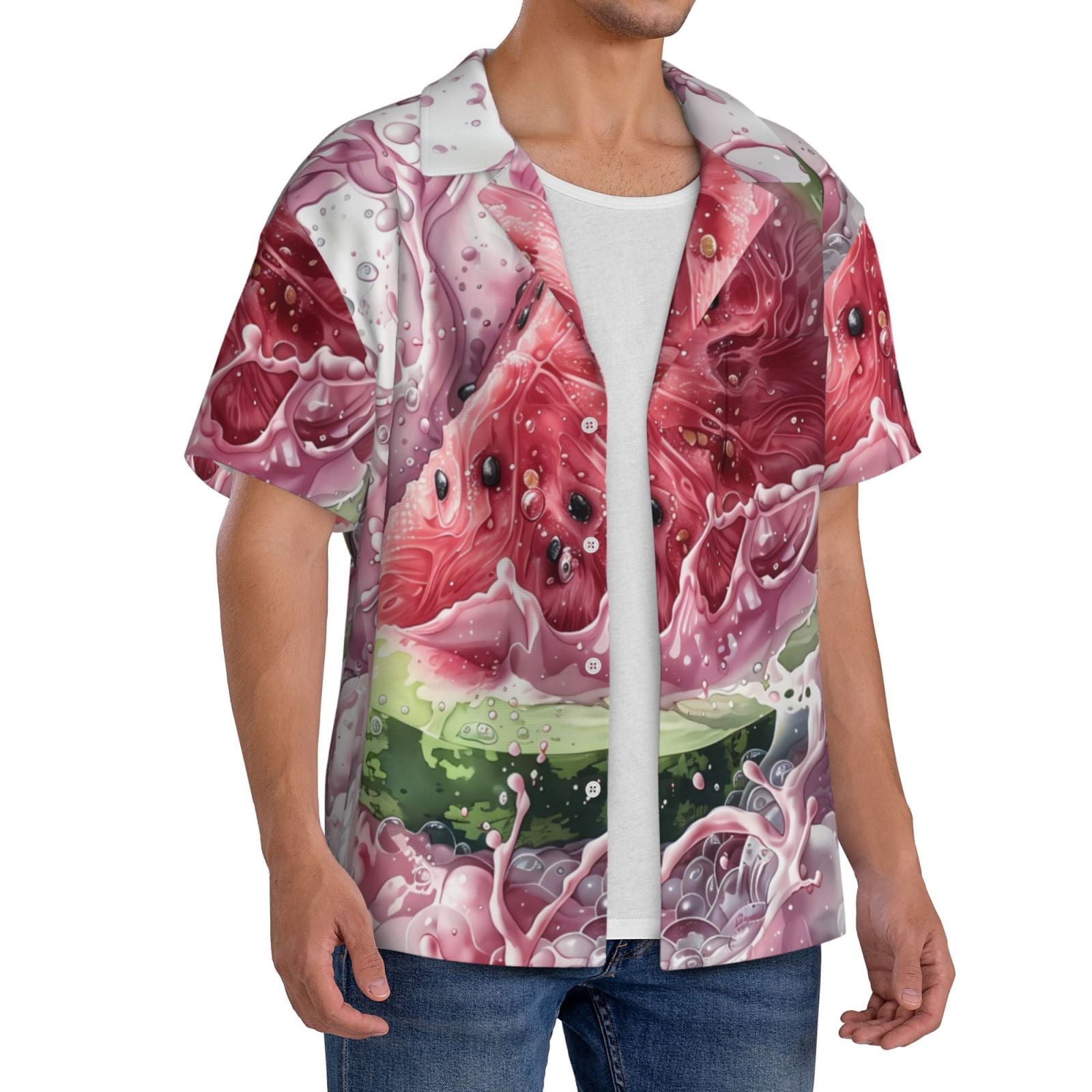 Picia Watermelon Splash Realism Art Men's Linen Shirts Short Sleeve ...