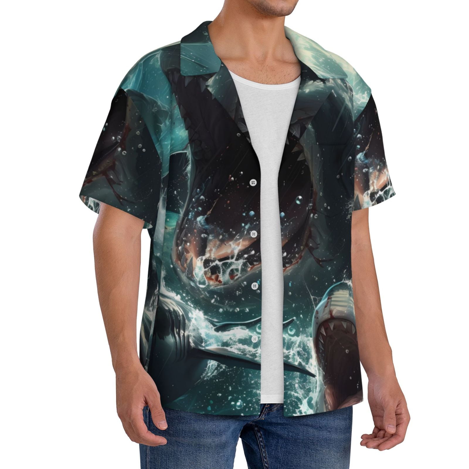 Picia Wave Ocean Animal Shark Men's Linen Shirts Short Sleeve Cuban ...