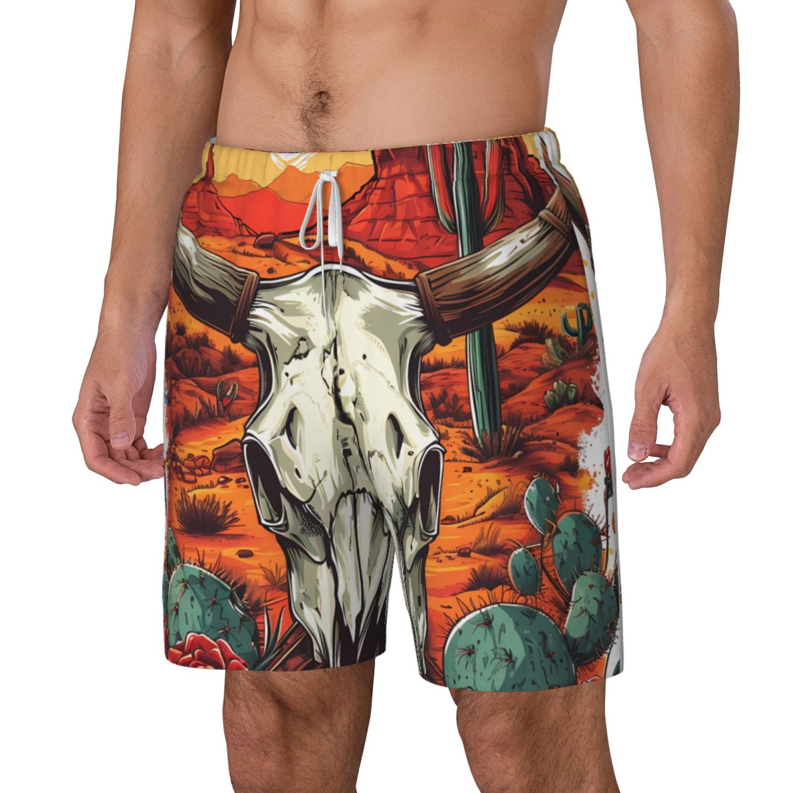 Picia Western Desert Cactus Ram Skull pattern Mens Swim Trunks with ...