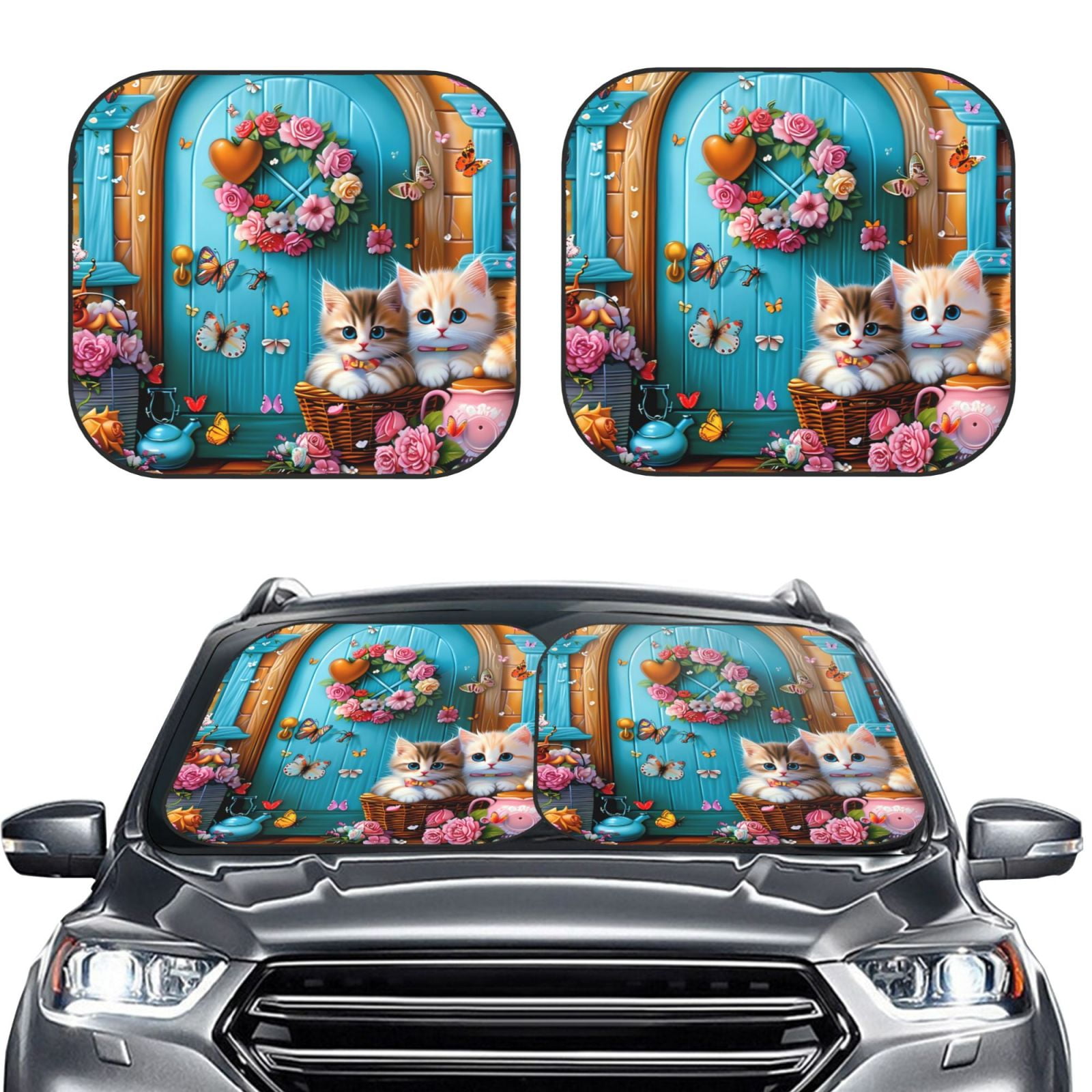 Picia Whimsical Cats and Flowers Scene 2 Piece Car Windshield Sun Shade ...