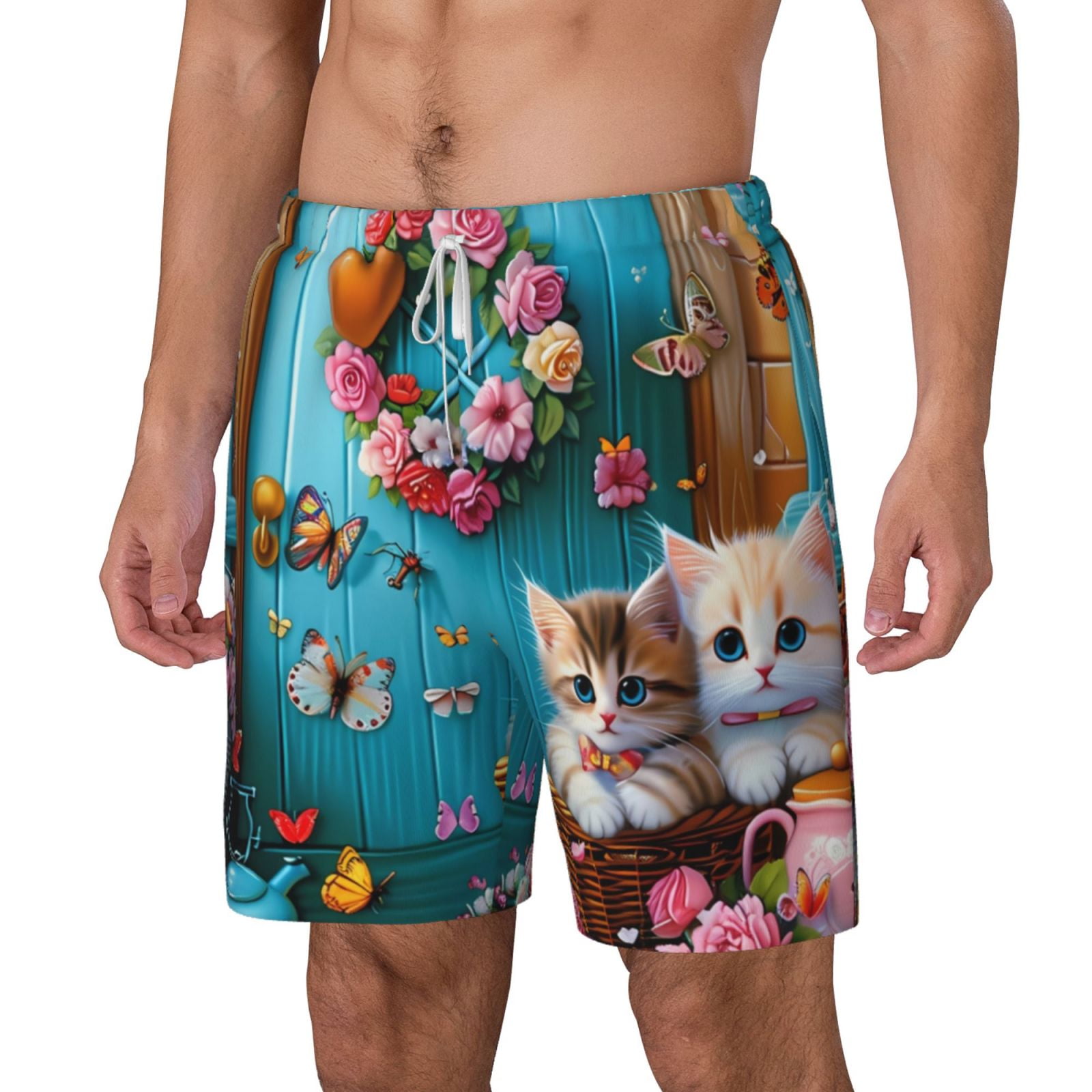 Picia Whimsical Cats and Flowers Scene pattern Mens Swim Trunks with ...