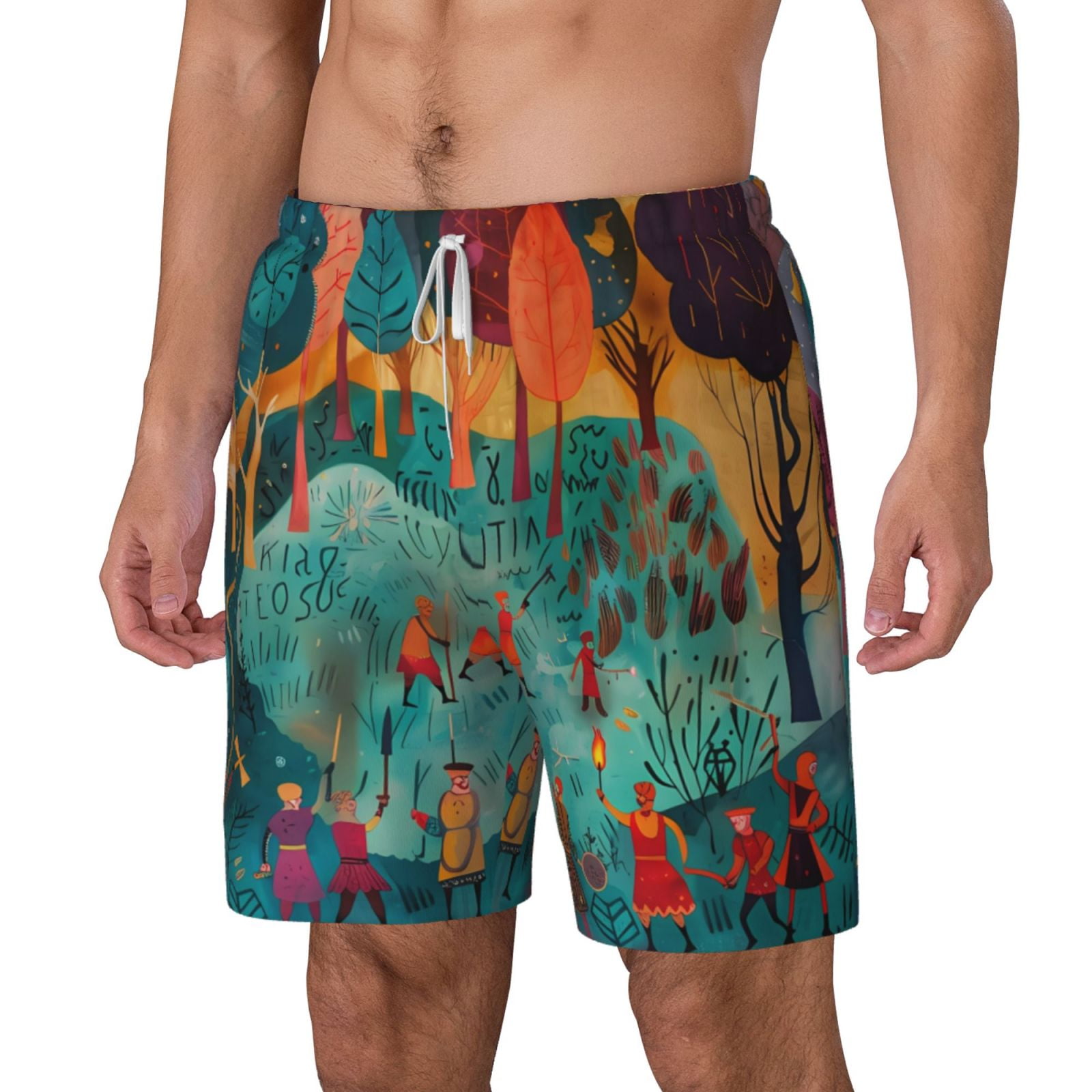 Picia Whimsical Forest Scene pattern Mens Swim Trunks with Compression ...