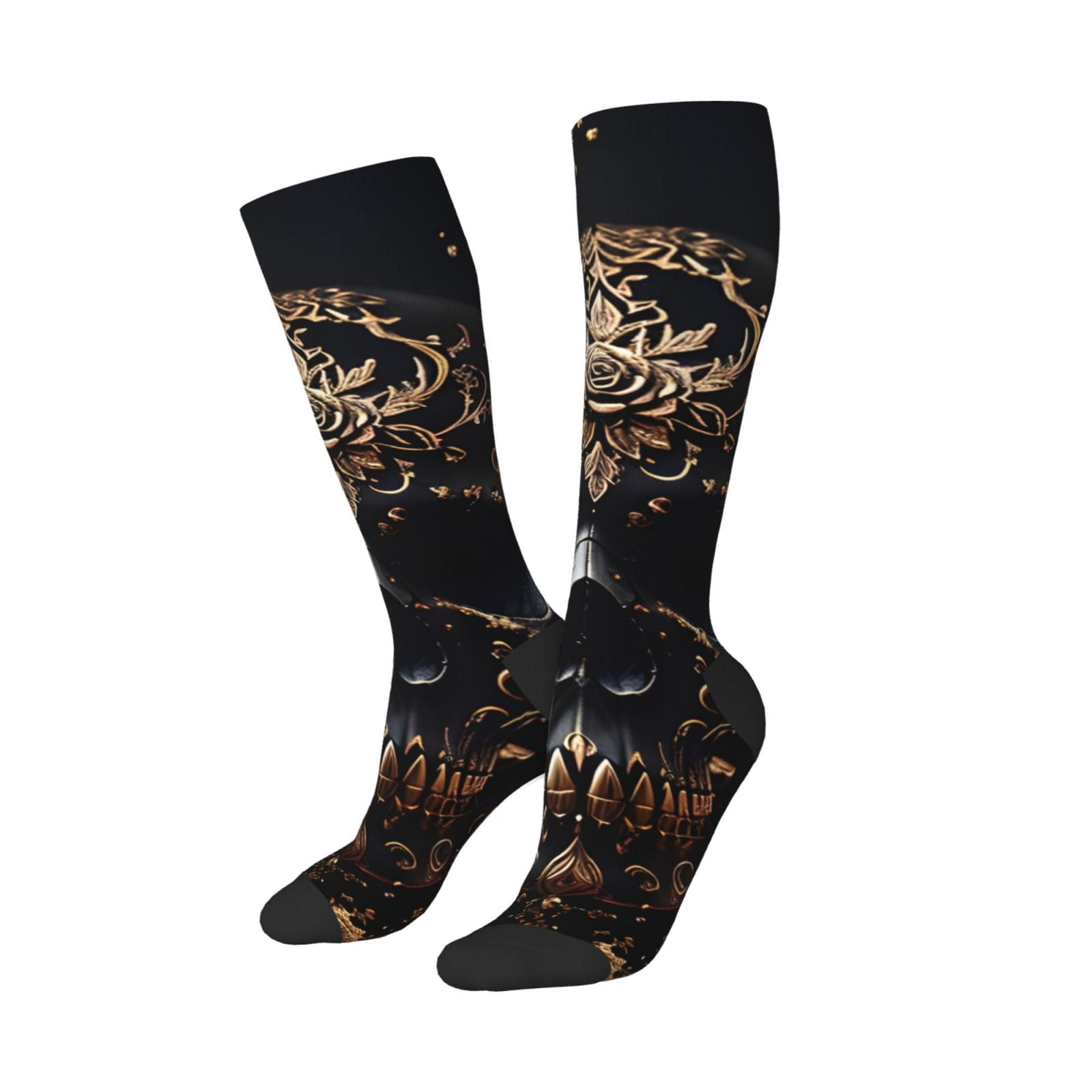 Picia Women Crew Soft Moisture-wicking Socks Gold Pattern Black Skull ...