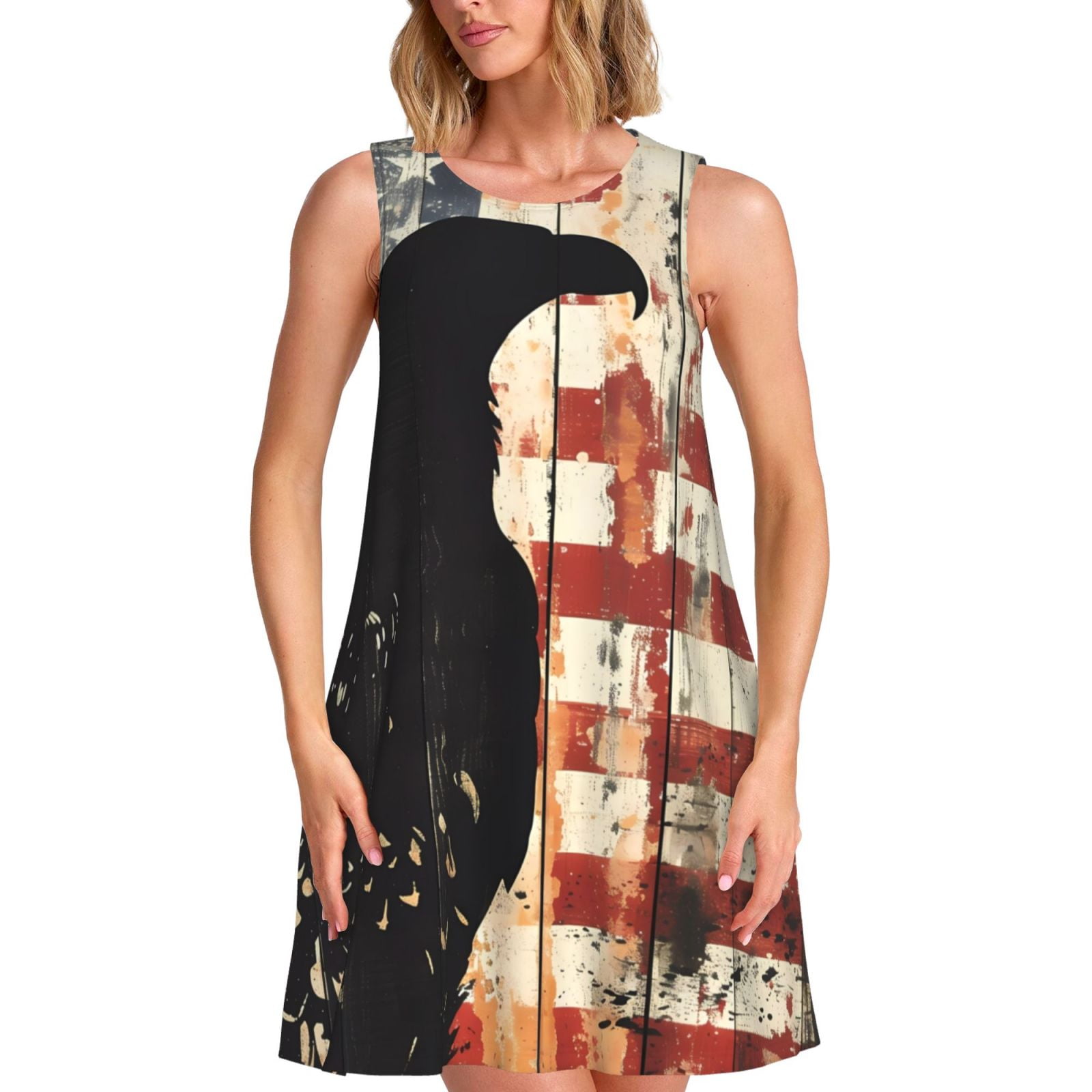 Picia Wood Grain Bald Eagle Print Women’s Sleeveless Midi Swing Dress ...