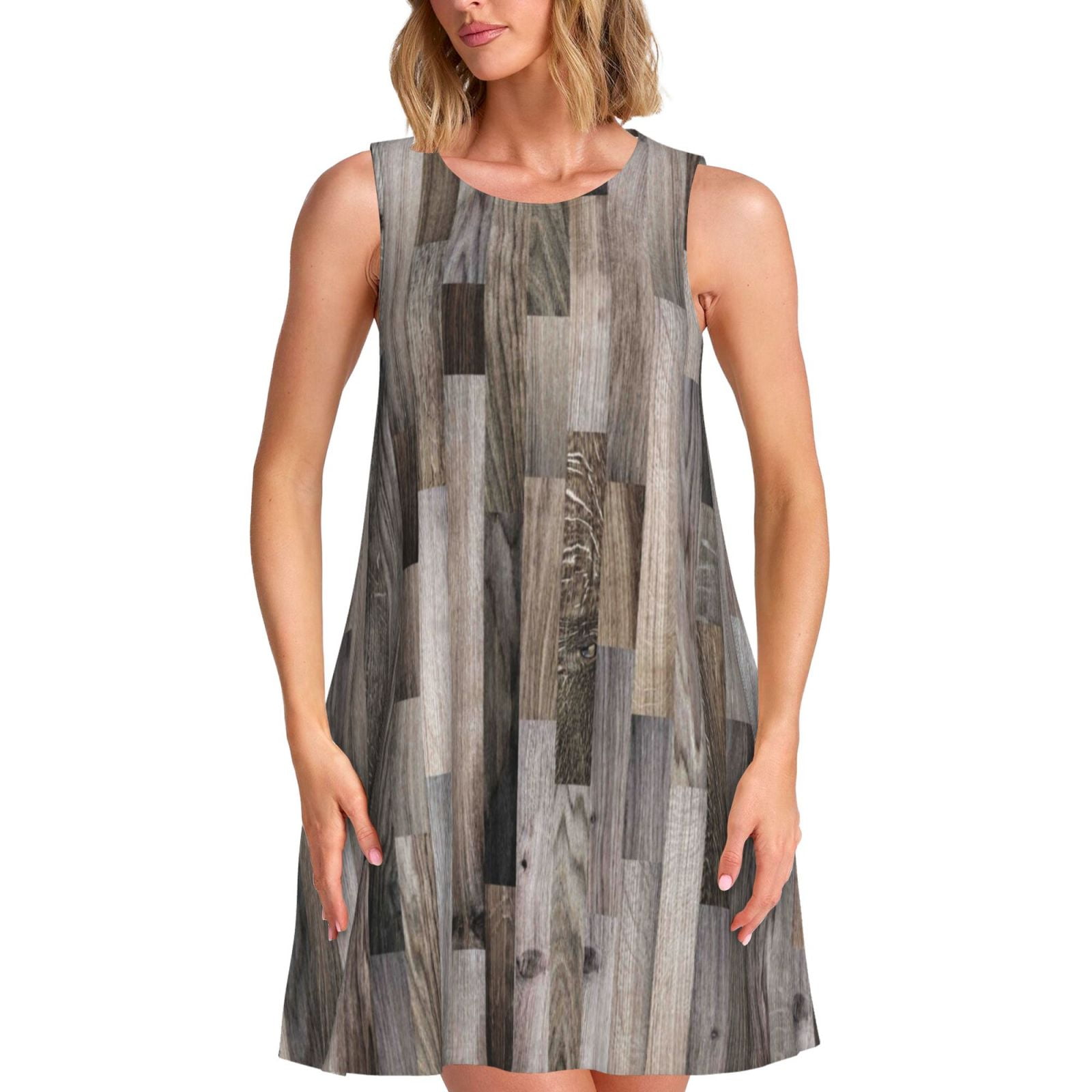 Picia Wooden Texture Print Women’s Sleeveless Midi Swing Dress – A-Line ...