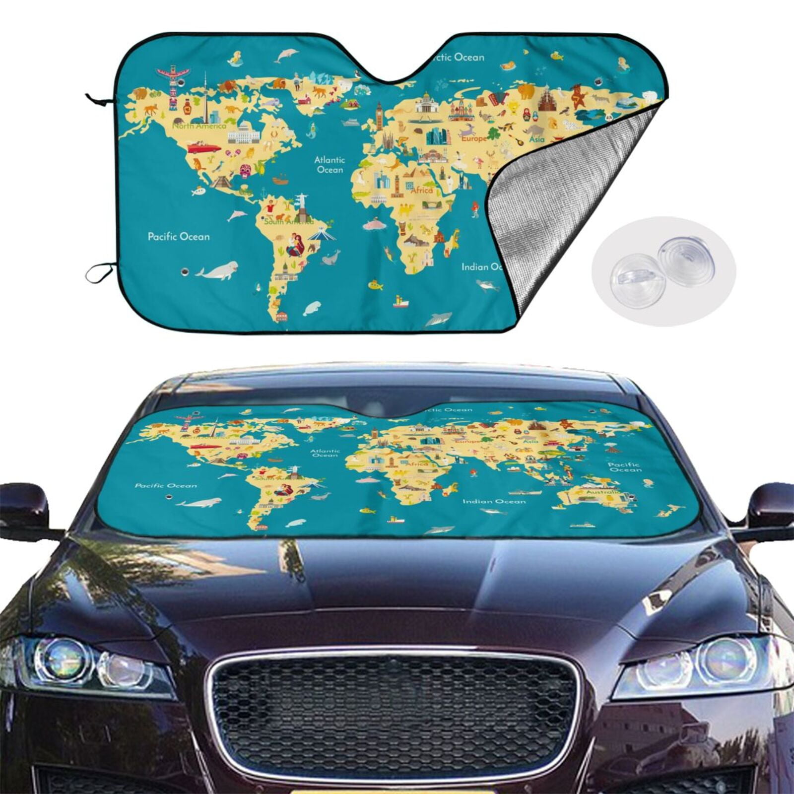 Picia World Map With Landmarks Curved Windshield Sunshade Accordion ...