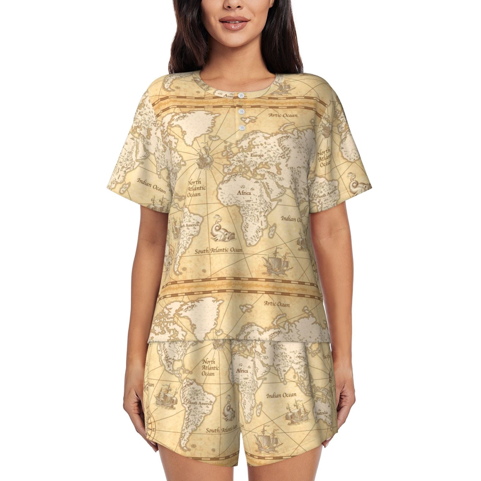 Picia World Map Pajamas Sets for Women Soft Short-Sleeved Pjs with ...