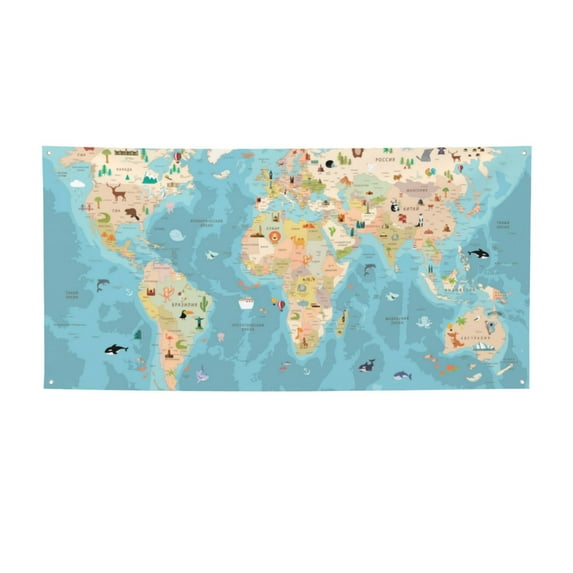 Picia World Map With Animals 1 Pattern Party Banner, Festive Decoration ...