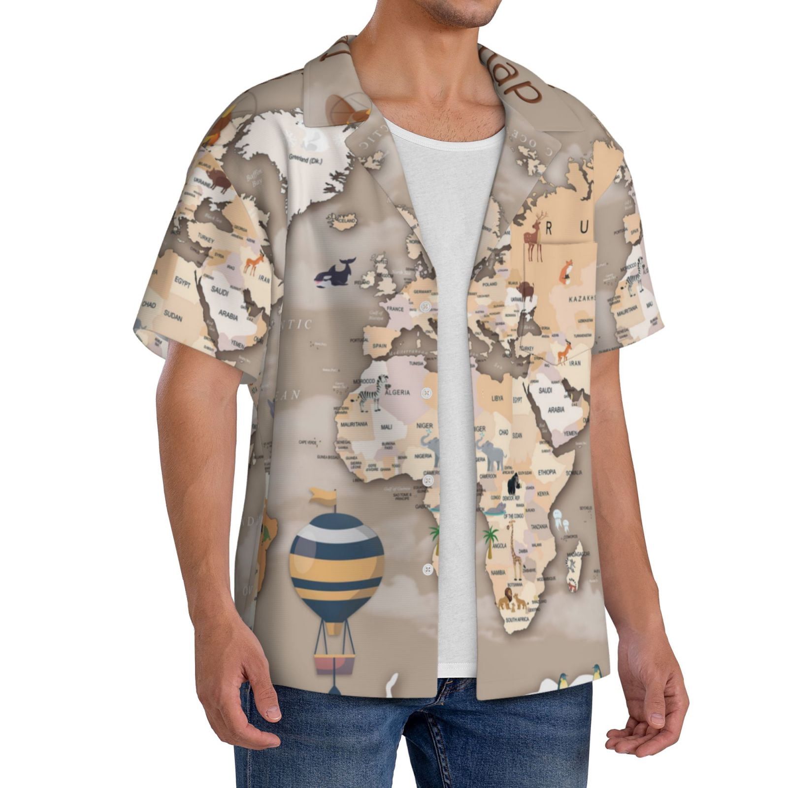 Picia World Map With Animals Men's Linen Shirts Short Sleeve Cuban ...