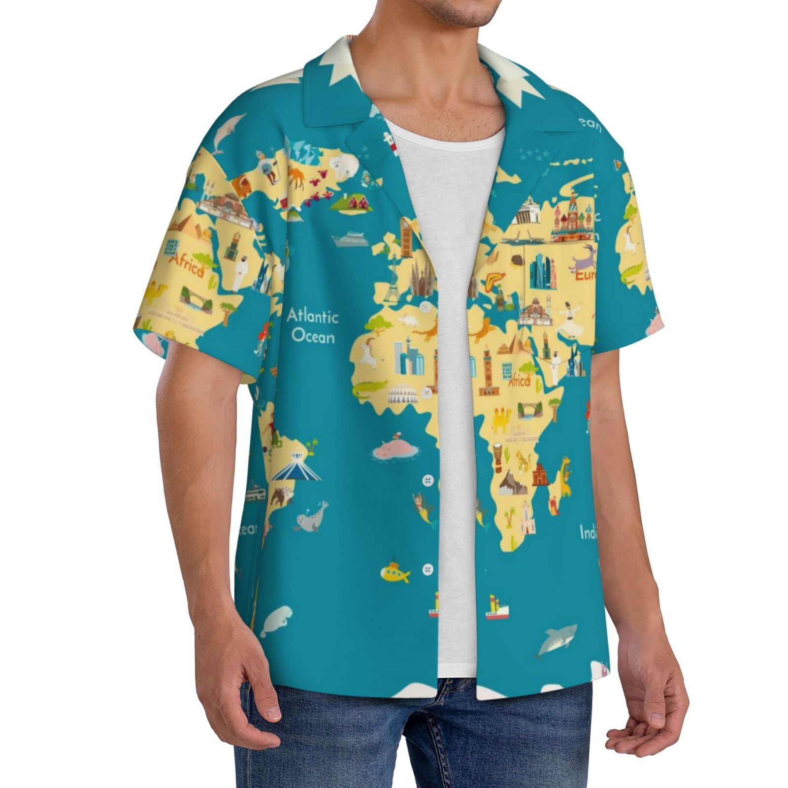 Picia World Map With Landmarks Men's Linen Shirts Short Sleeve Cuban ...