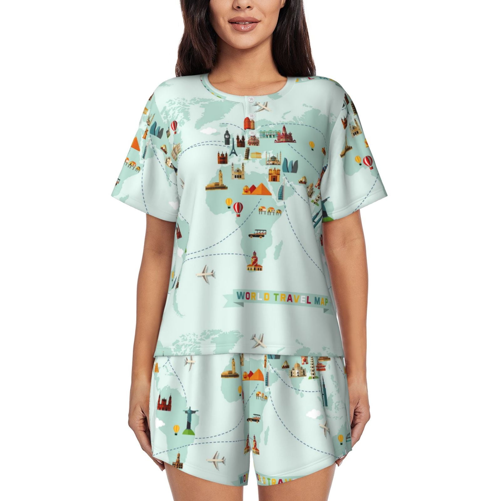 Picia World Travel Map Pajamas Sets for Women Soft Short-Sleeved Pjs ...