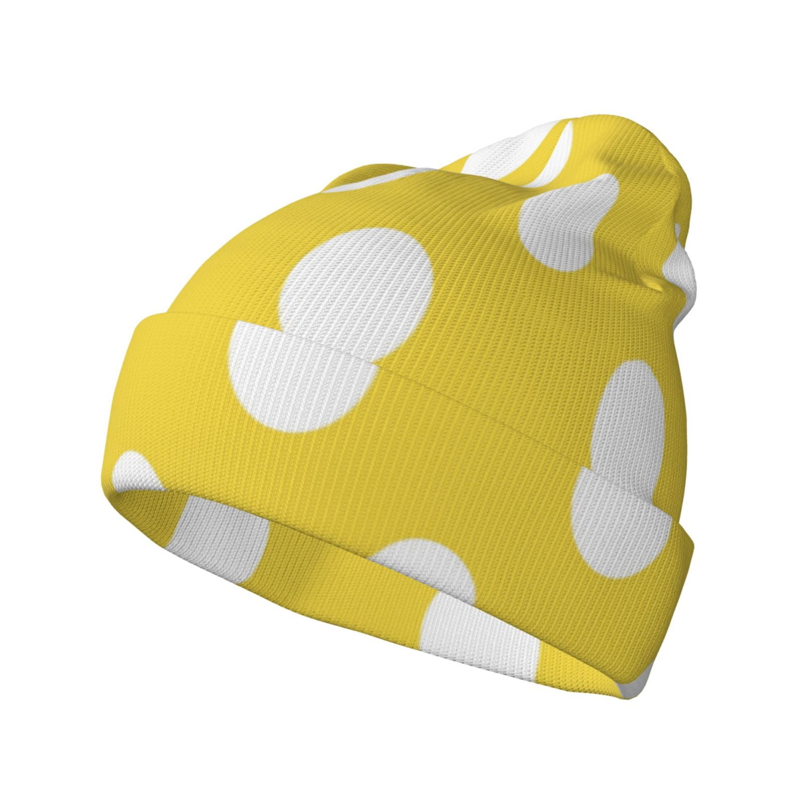 Picia Yellow And White Polka Dot Pattern Knitted Beanie Hat for Men and ...