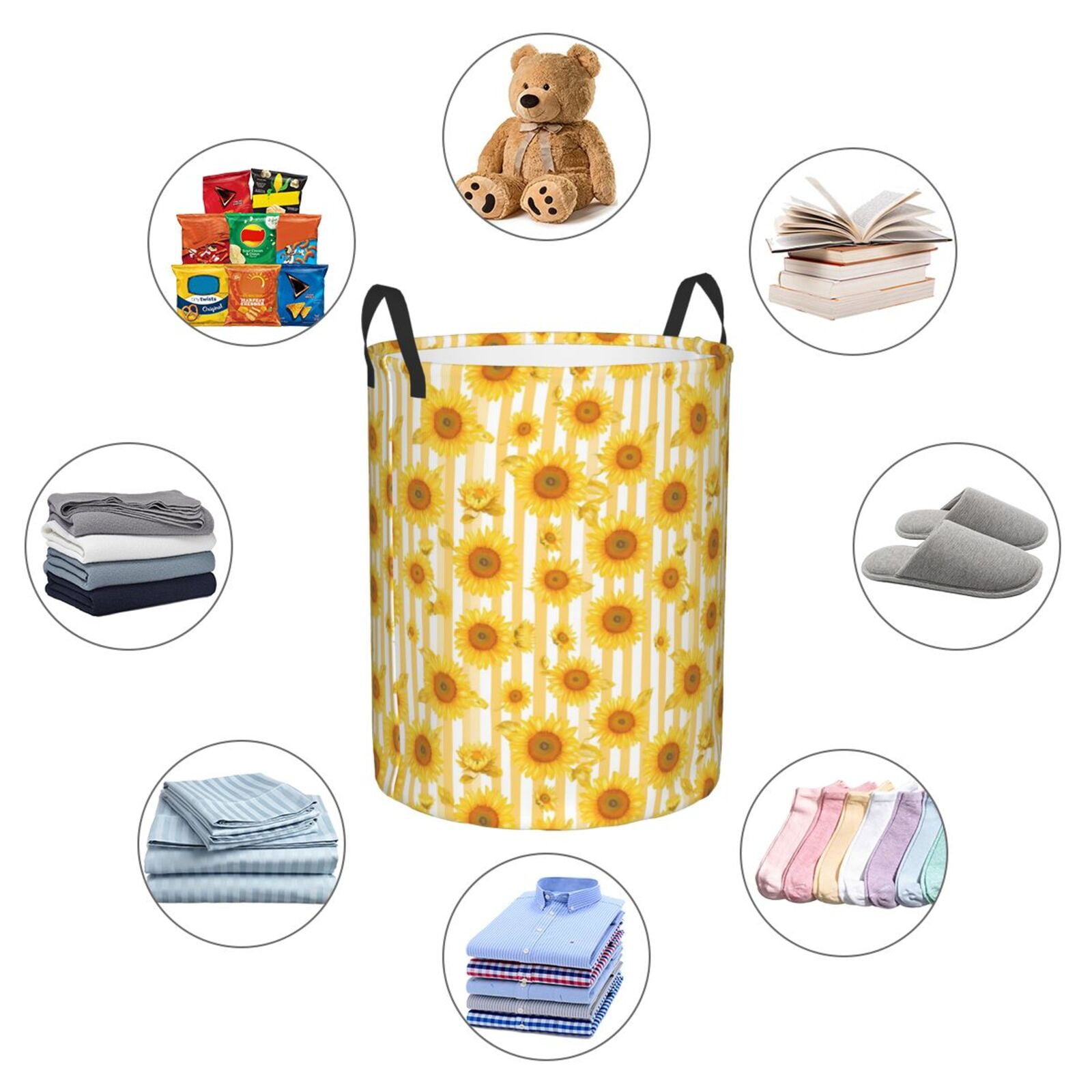 Picia Yellow White Striped Sunflower Large Laundry Basket, Waterproof ...
