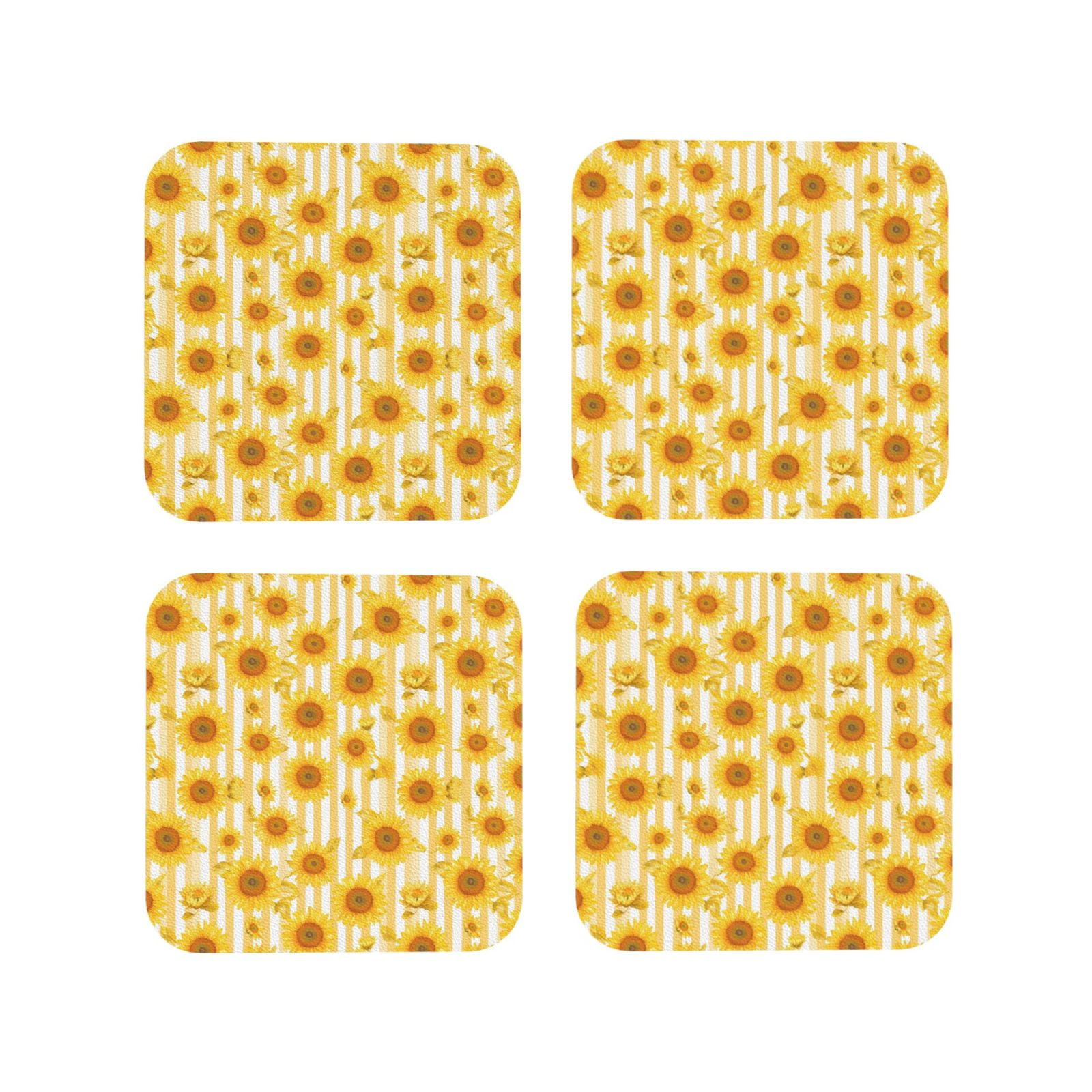 Picia Yellow White Striped Sunflower Printed Leather Coasters for ...