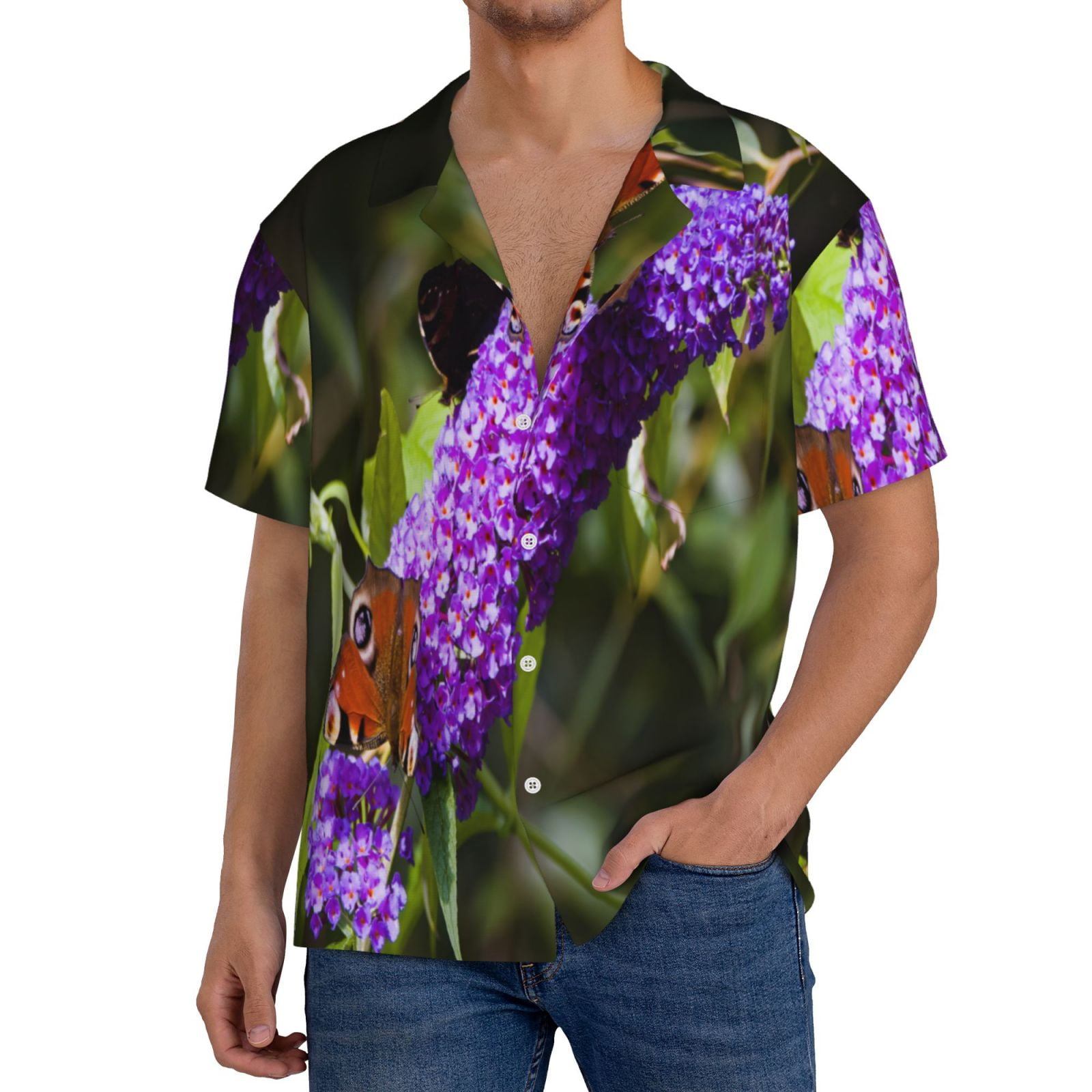 Picia butterfly bush flower Pattern Men's Linen Shirts Short Sleeve ...