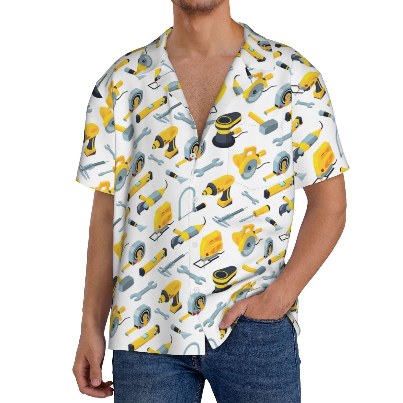 Picia construction tools Pattern Men's Linen Shirts Short Sleeve Cuban ...