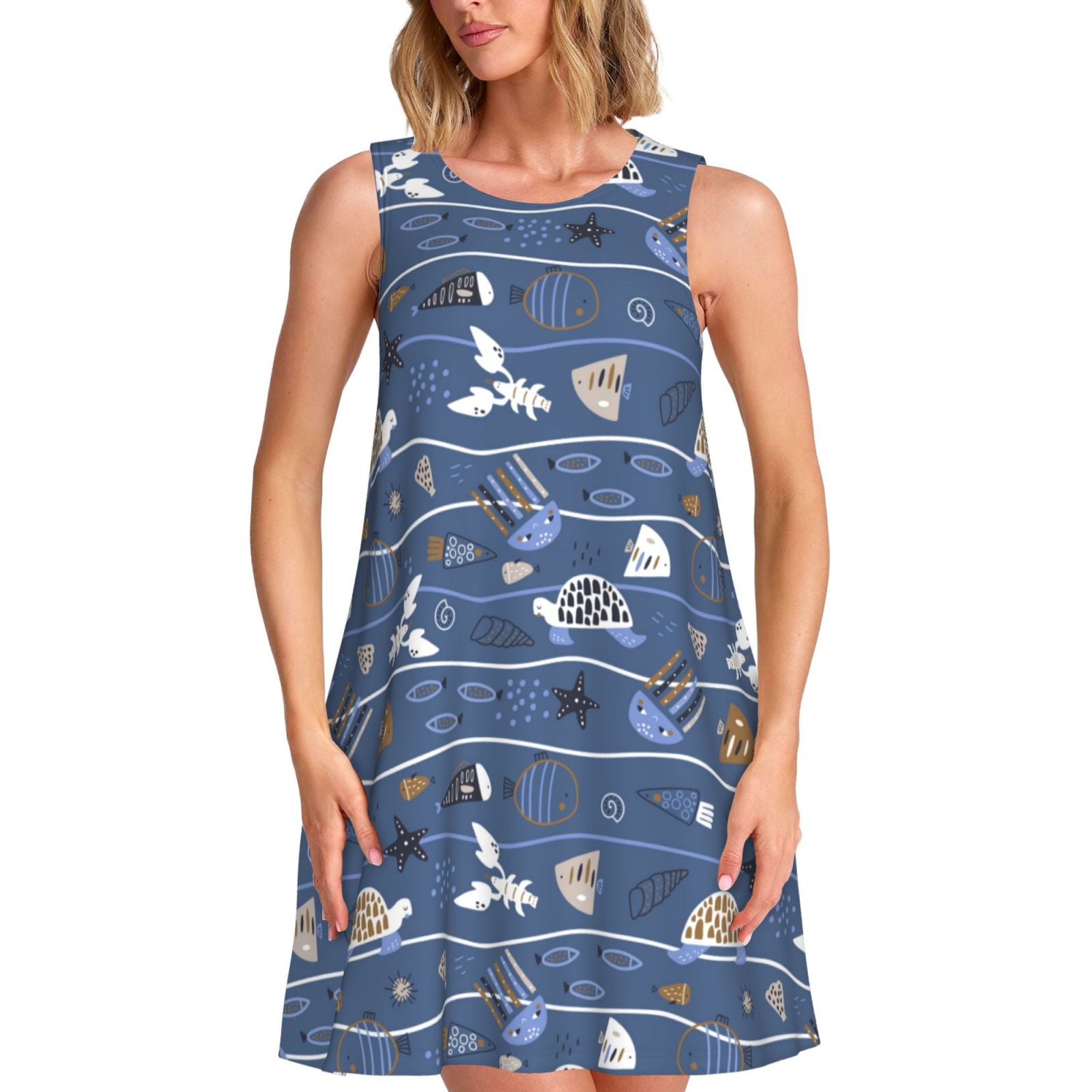 Picia cute fish octopus Print Women’s Sleeveless Midi Swing Dress – A ...