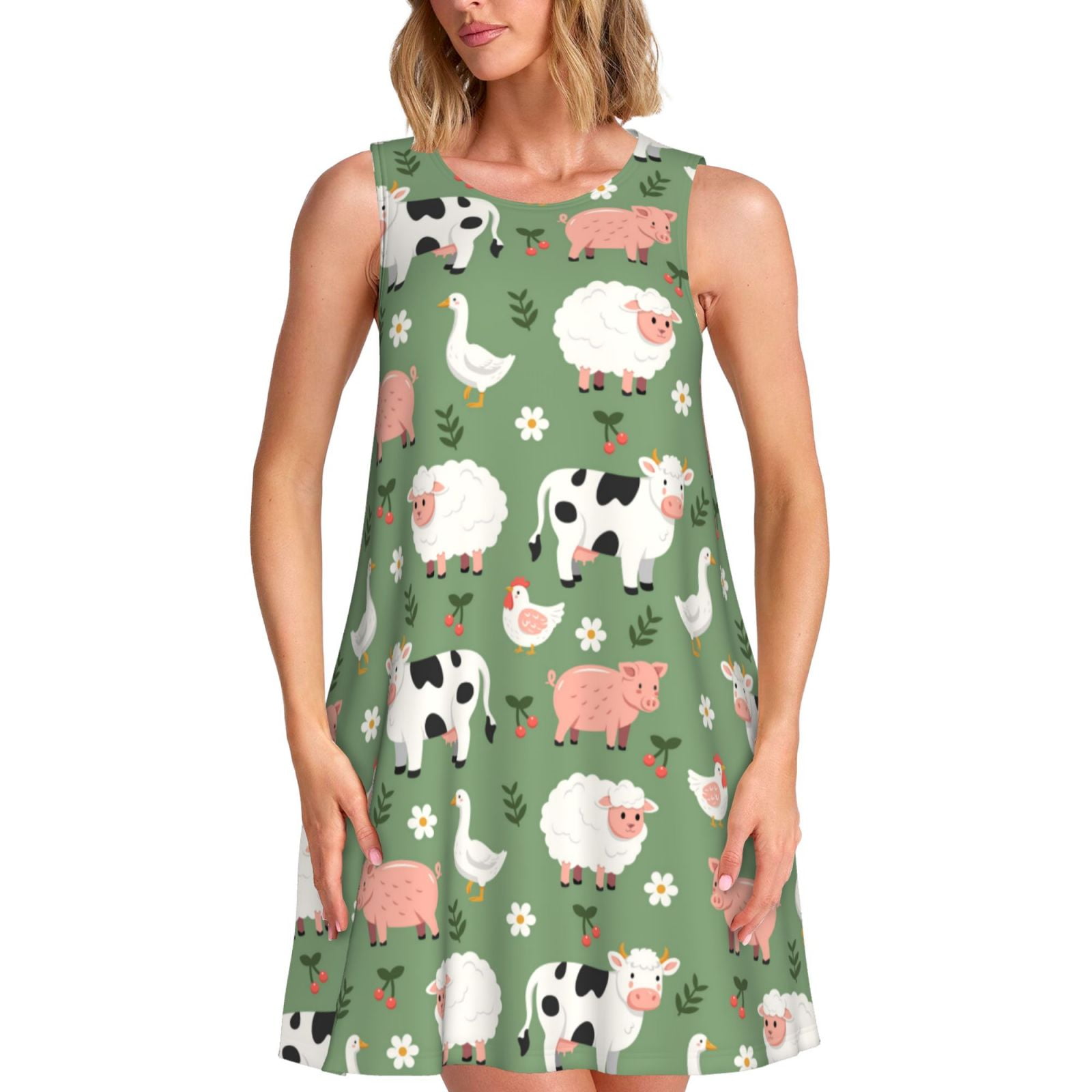 Picia funny cute farm animals Print Women’s Sleeveless Midi Swing Dress ...