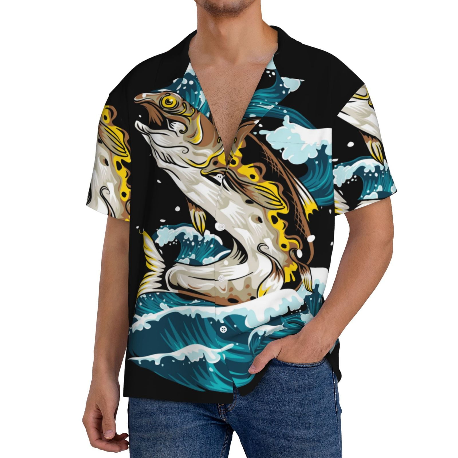 Picia green salmon fish Pattern Men's Linen Shirts Short Sleeve Cuban ...