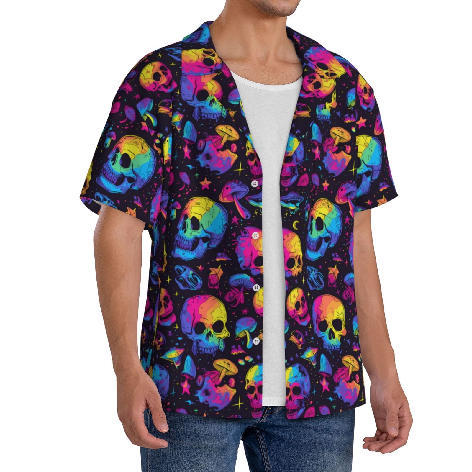 Picia mushroom rainbow color Skull Men's Linen Shirts Short Sleeve ...