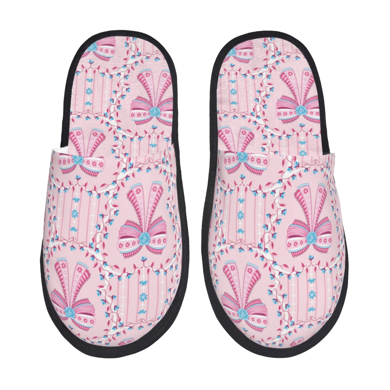 Picia pink bows Print Women's Fuzzy Fluffy House Slippers Plush Memory ...