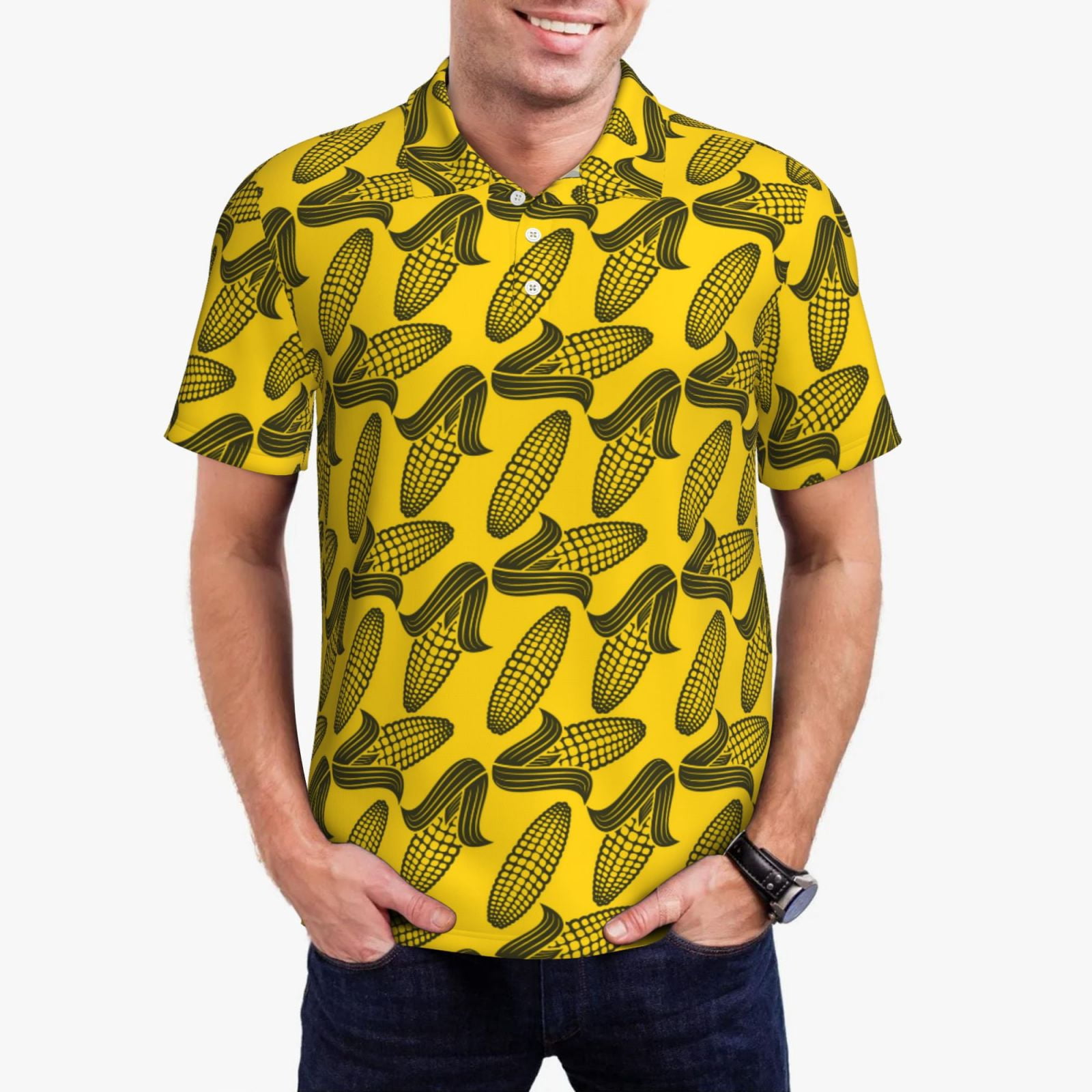Picia yellow Corn Print Men's Polo Shirt, Two-Button Closure Pique Polo ...