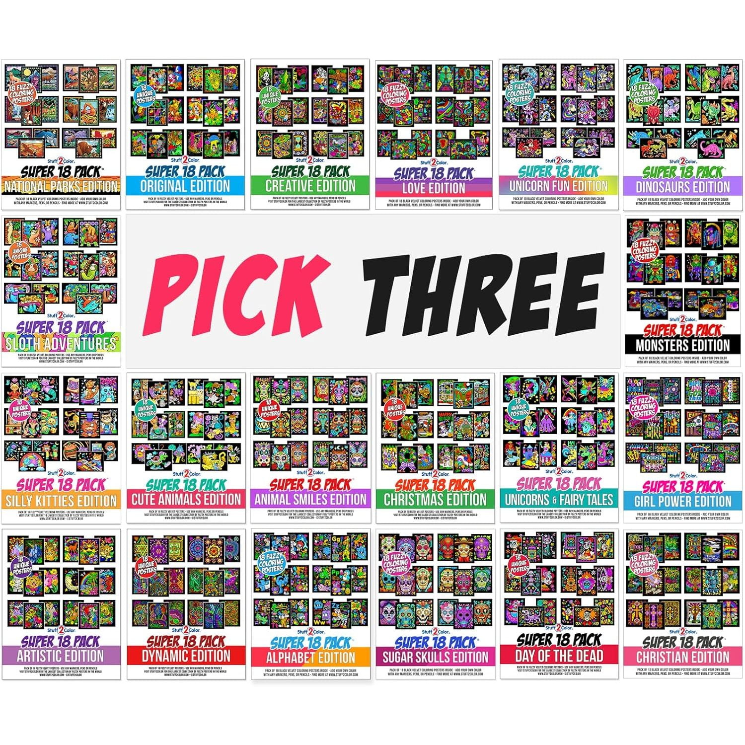 Pick 3 - Make Your Own Bundle of 54 Fuzzy Velvet Coloring Posters ...