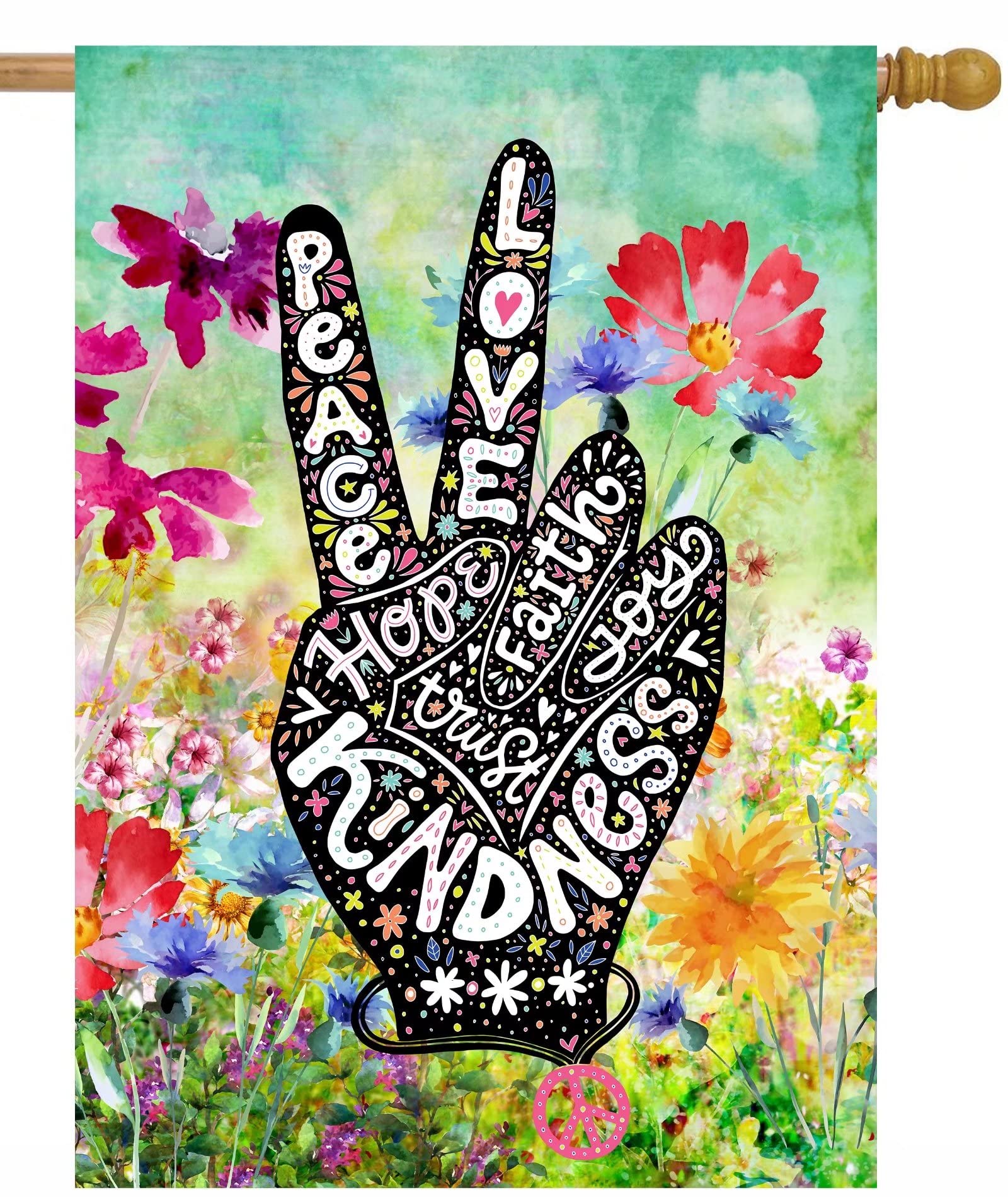 Pickako Peace Love Floral Flowers Spring Watercolor Art House Flag 28 x ...