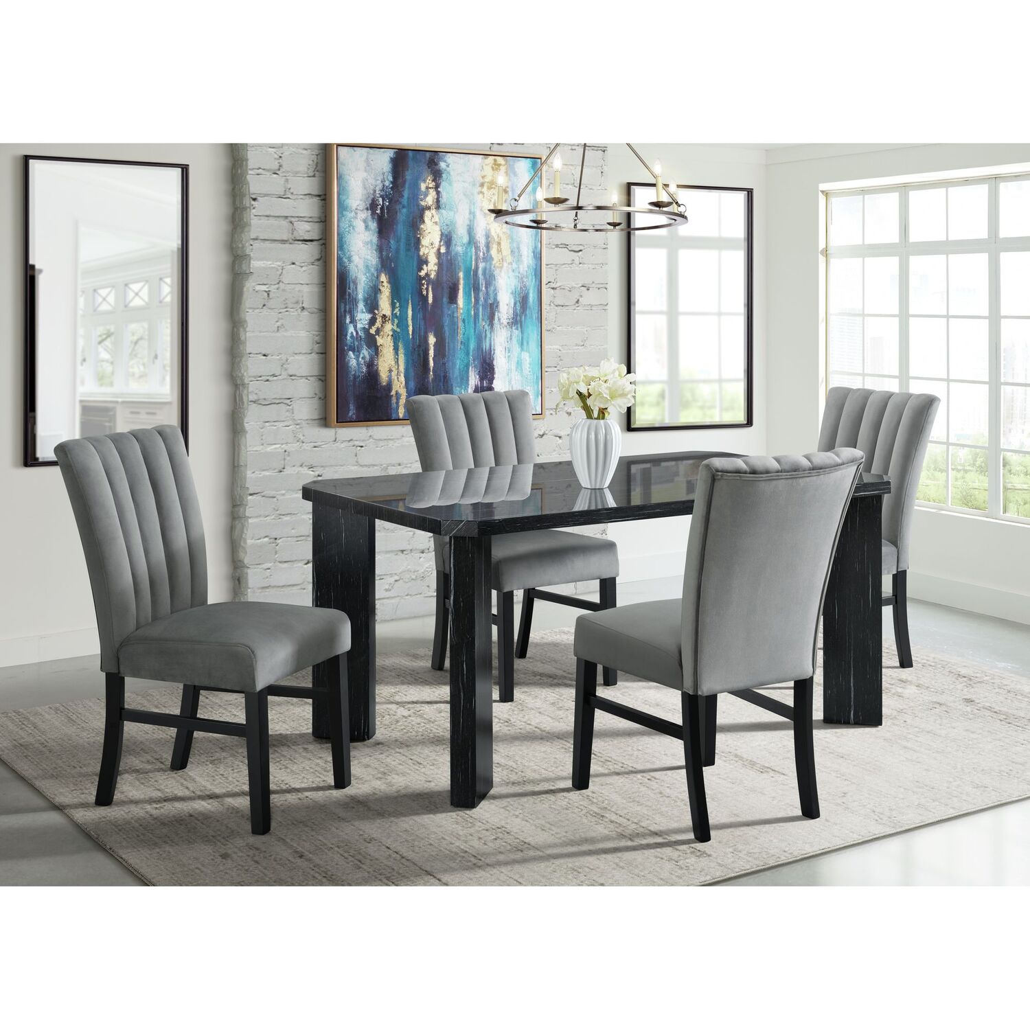 Picket House Furnishings Odette 5PC Dining Set in Grey-Rectangle Table & Four Grey Velvet Chairs ...