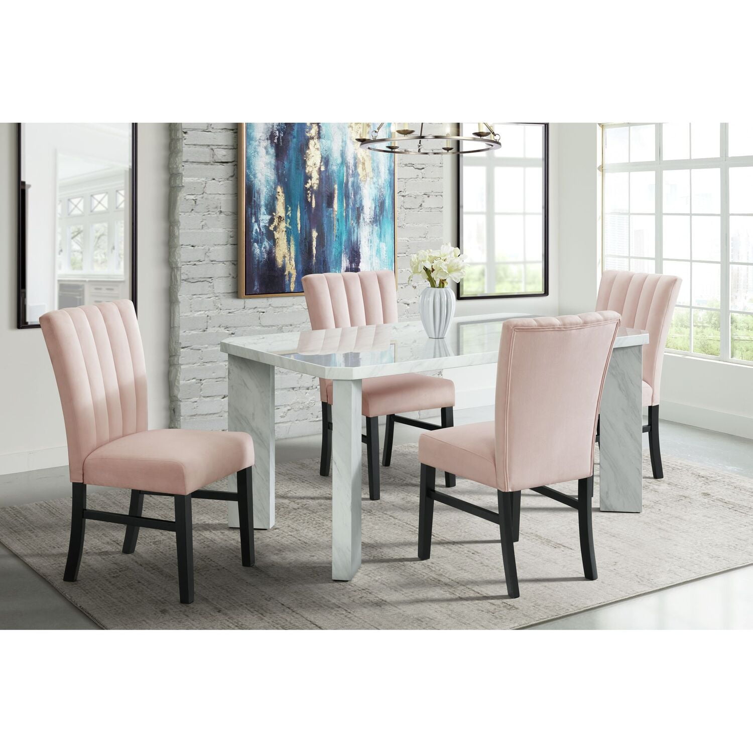 Picket House Furnishings Odette White 5PC Dining Set in White-Rectangle Table & Four Pink Velvet ...