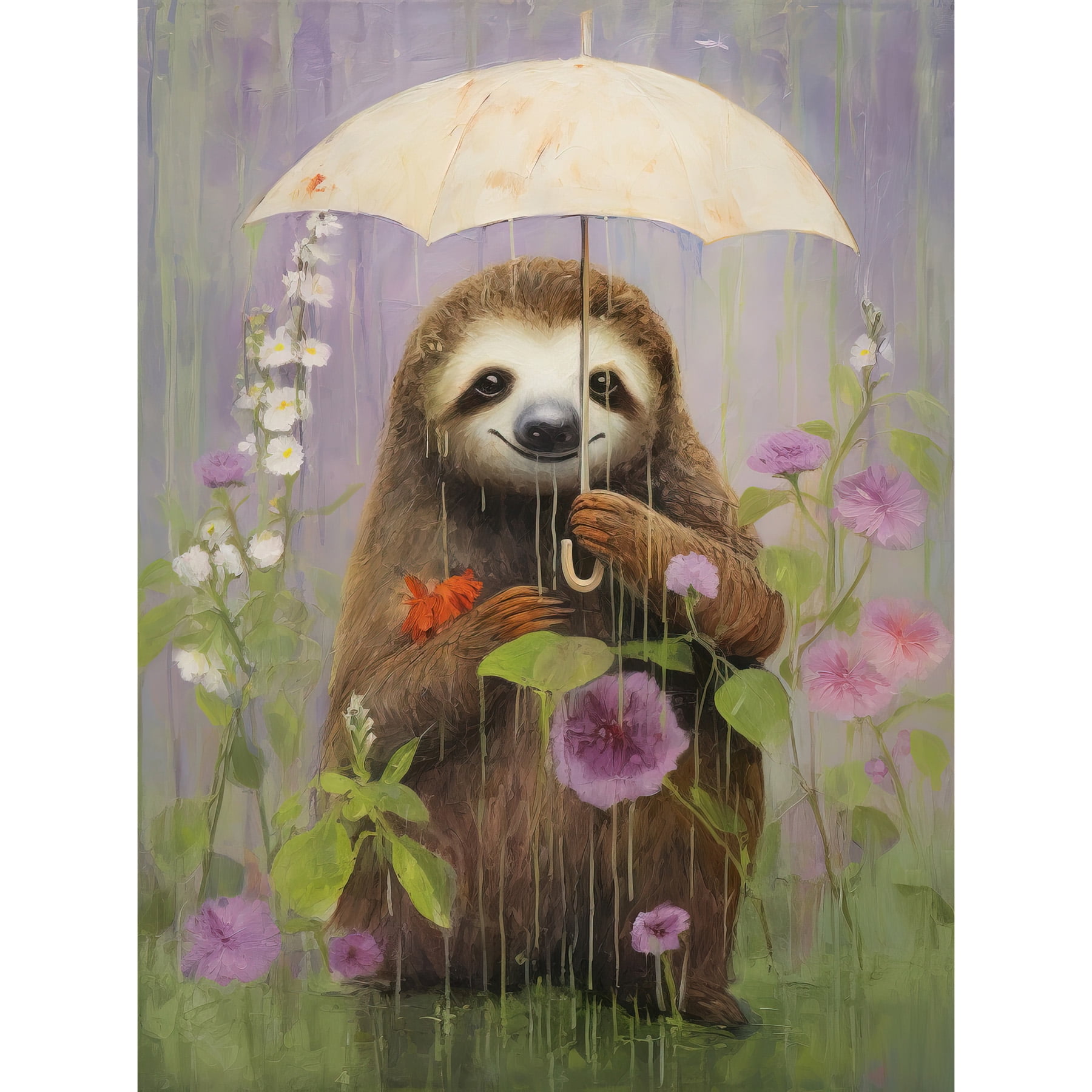 Picking Flowers in the Rain Oil Painting Cute Sloth with an Umbrella in ...