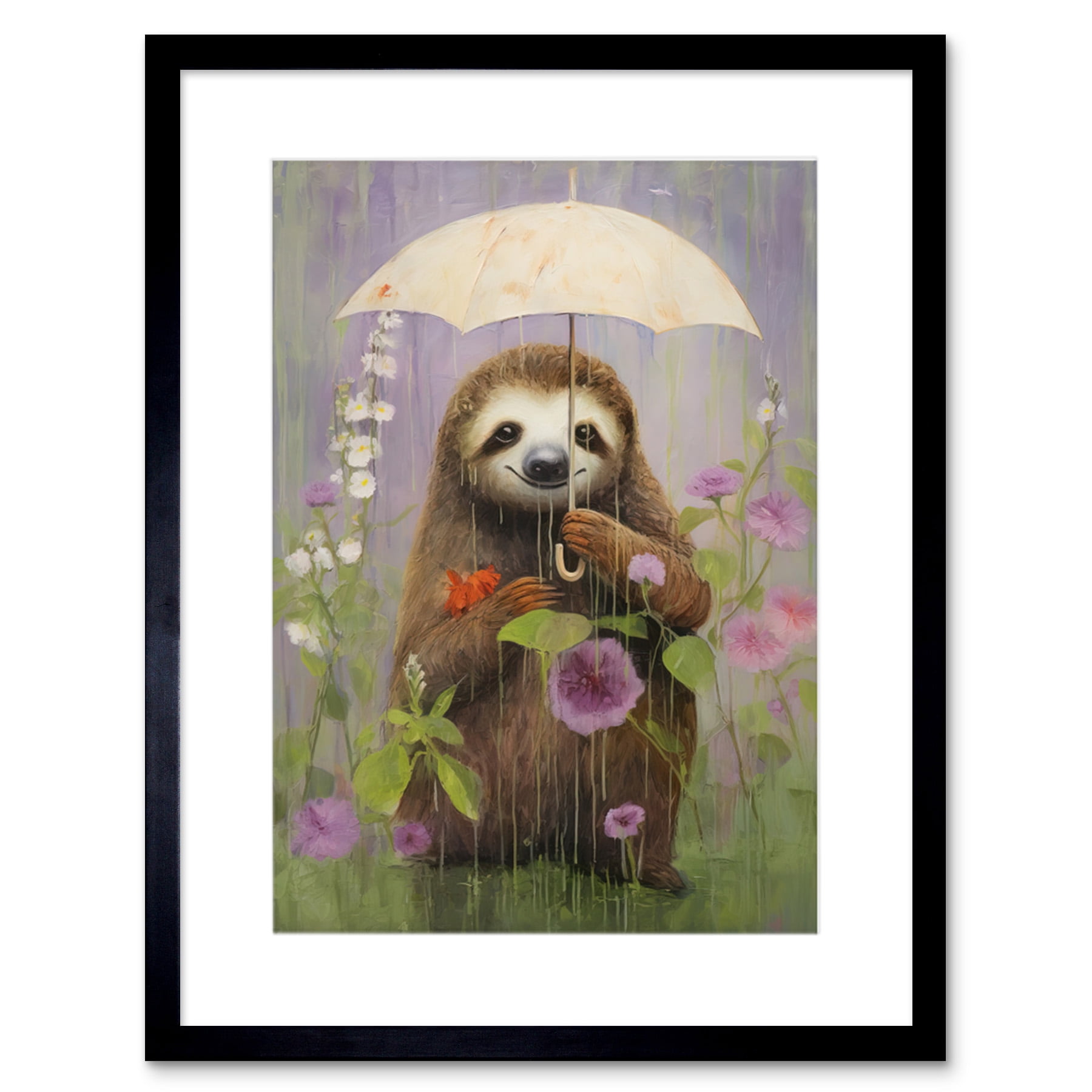 Picking Flowers in the Rain Oil Painting Cute Sloth with an Umbrella in ...