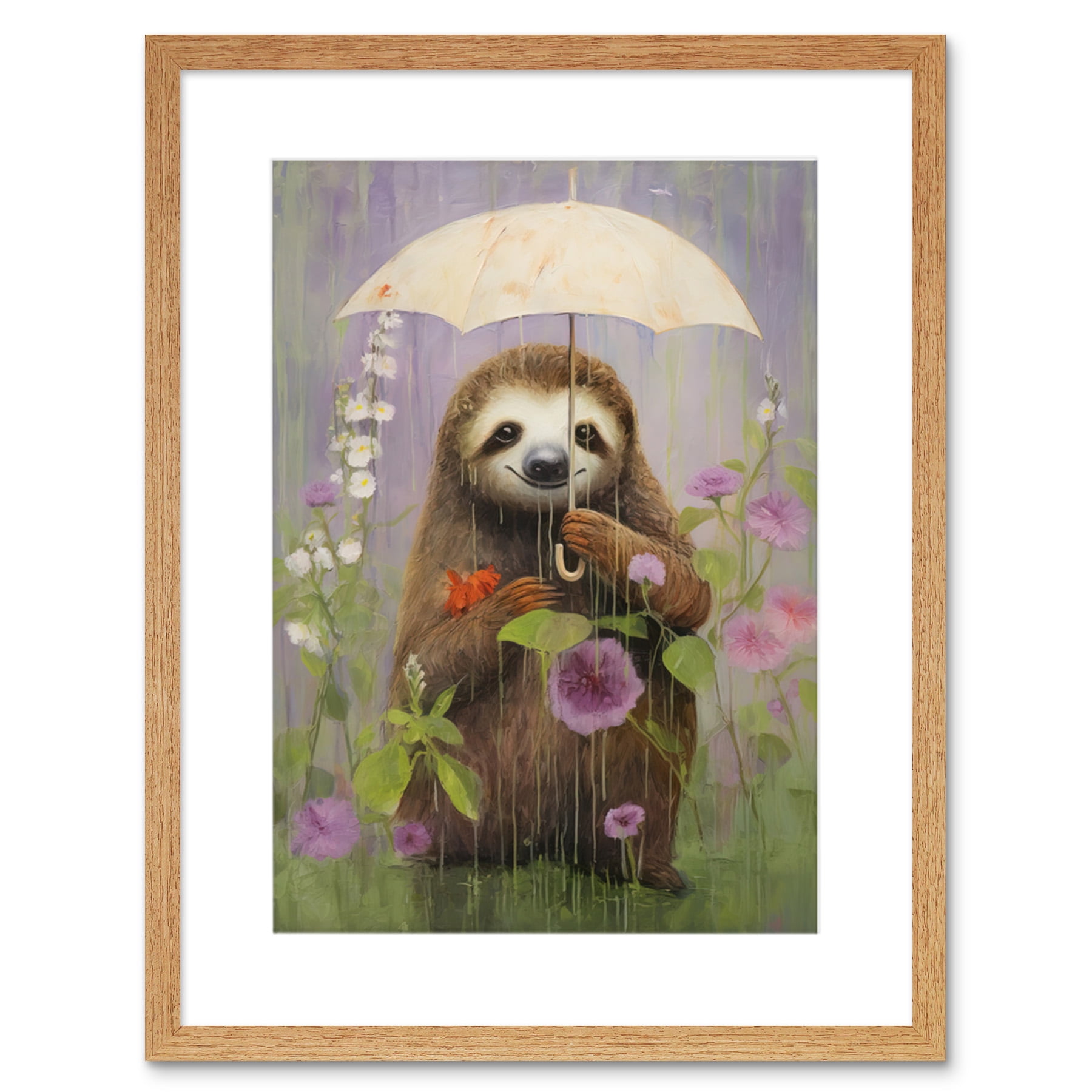 Picking Flowers in the Rain Oil Painting Cute Sloth with an Umbrella in ...