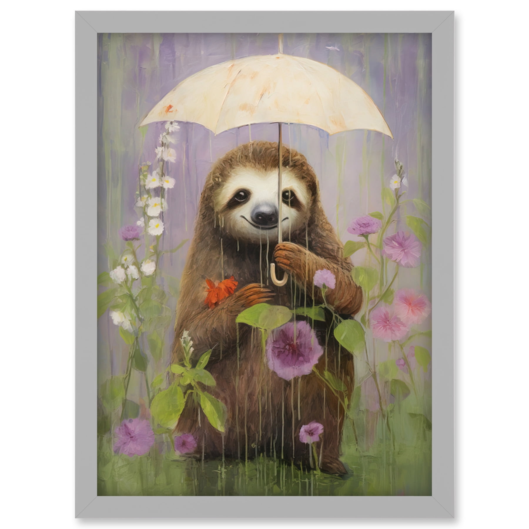 Picking Flowers in the Rain Oil Painting Cute Sloth with an Umbrella in ...