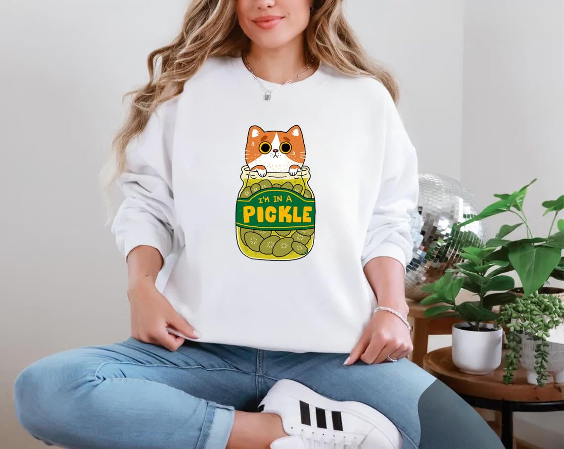 Pickle Cat Sweatshirt with Funny Dill Mood and Feline Attitude, for men & women, up to size 5XL ...