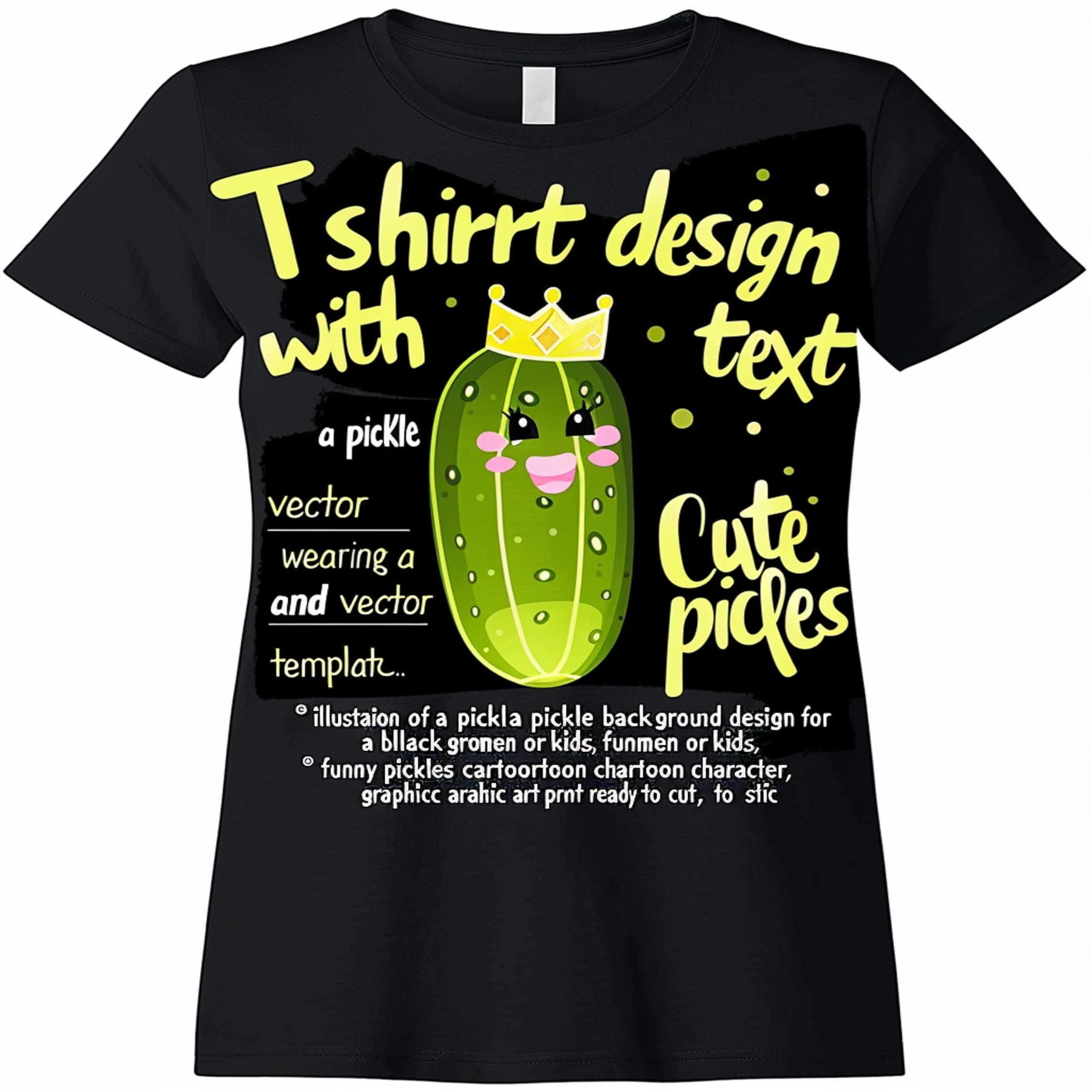 Pickle Princess Cute Pickle with Crown Vector Illustration Black TShirt ...