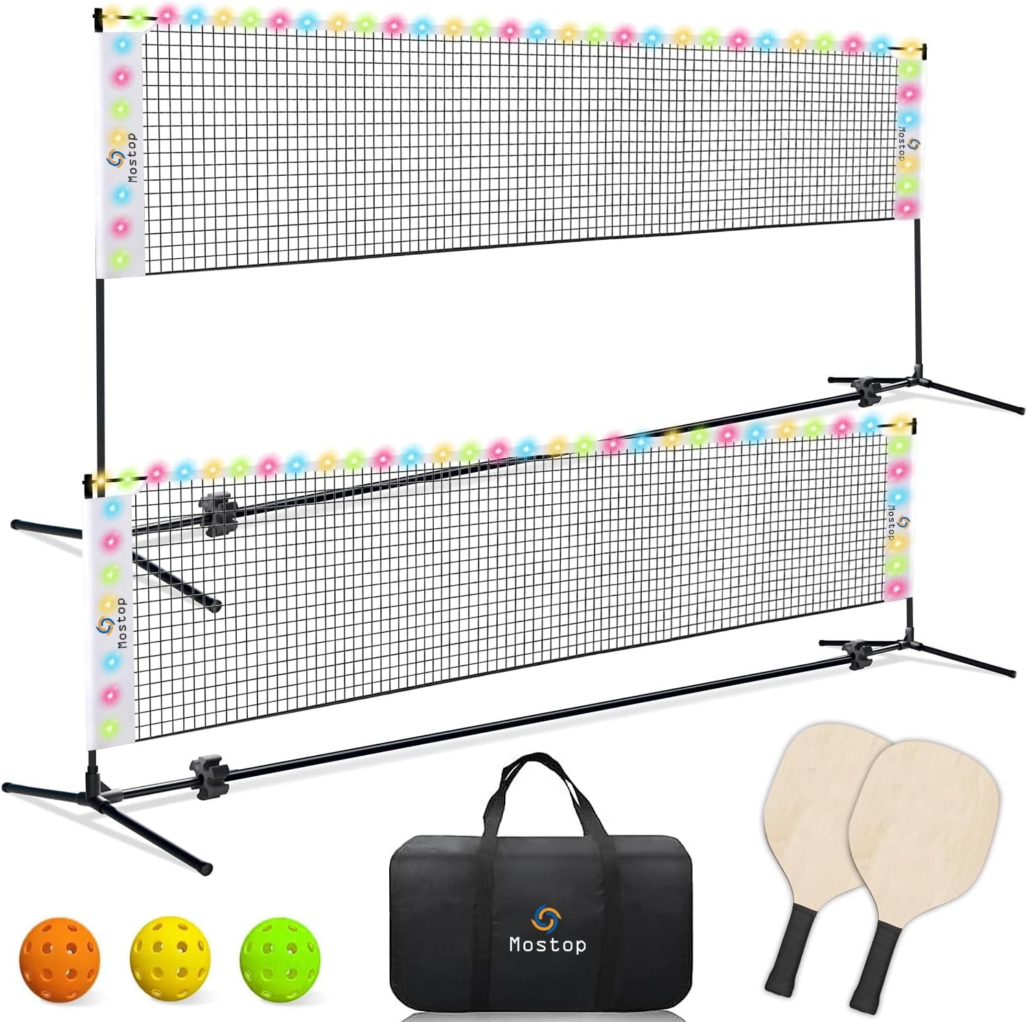 Pickleball Net with Light: 10FT Half Court Pickle Ball Net with 2 Paddles, 3 Pickleballs, Carry ...