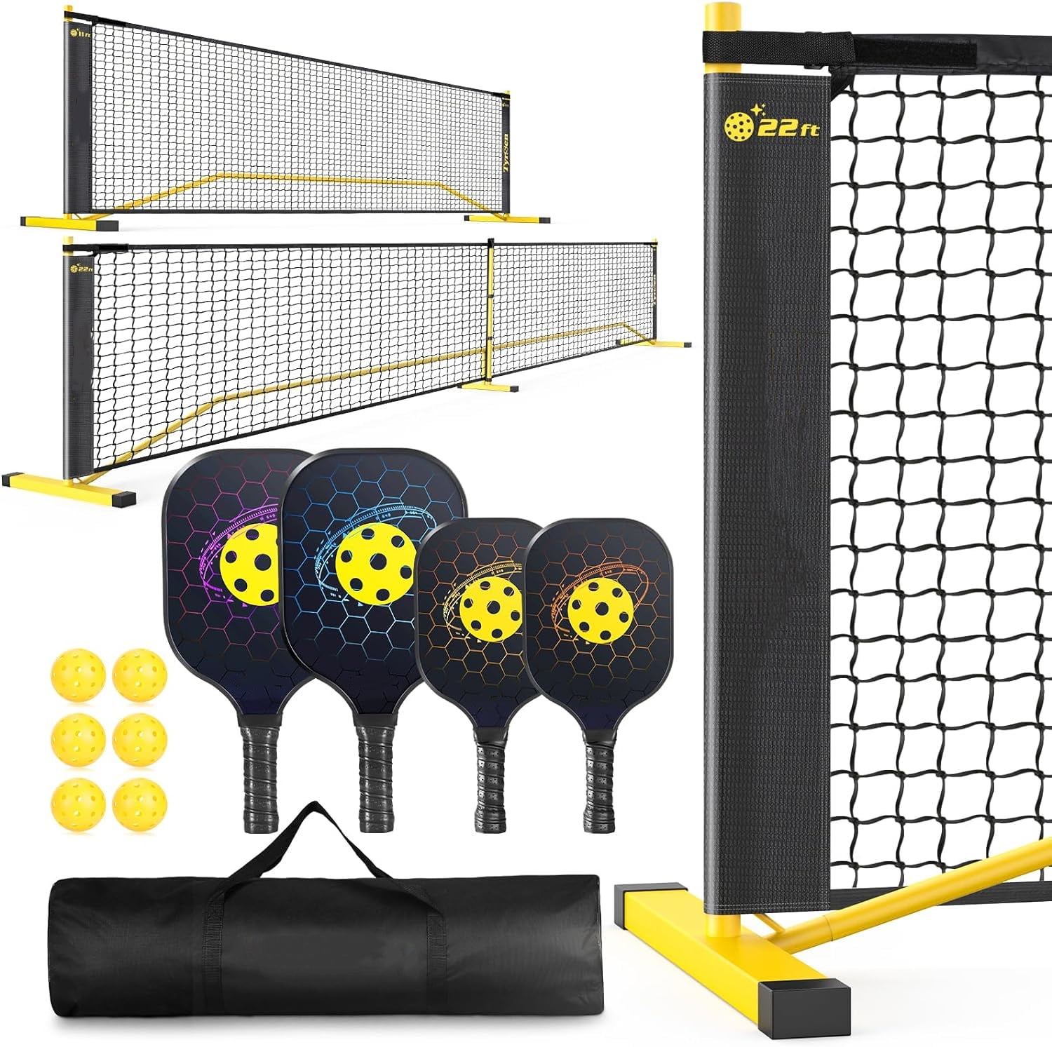 Pickleball Net Set with 4 Paddles, 6 Balls, 12 Markers, and Carrying ...