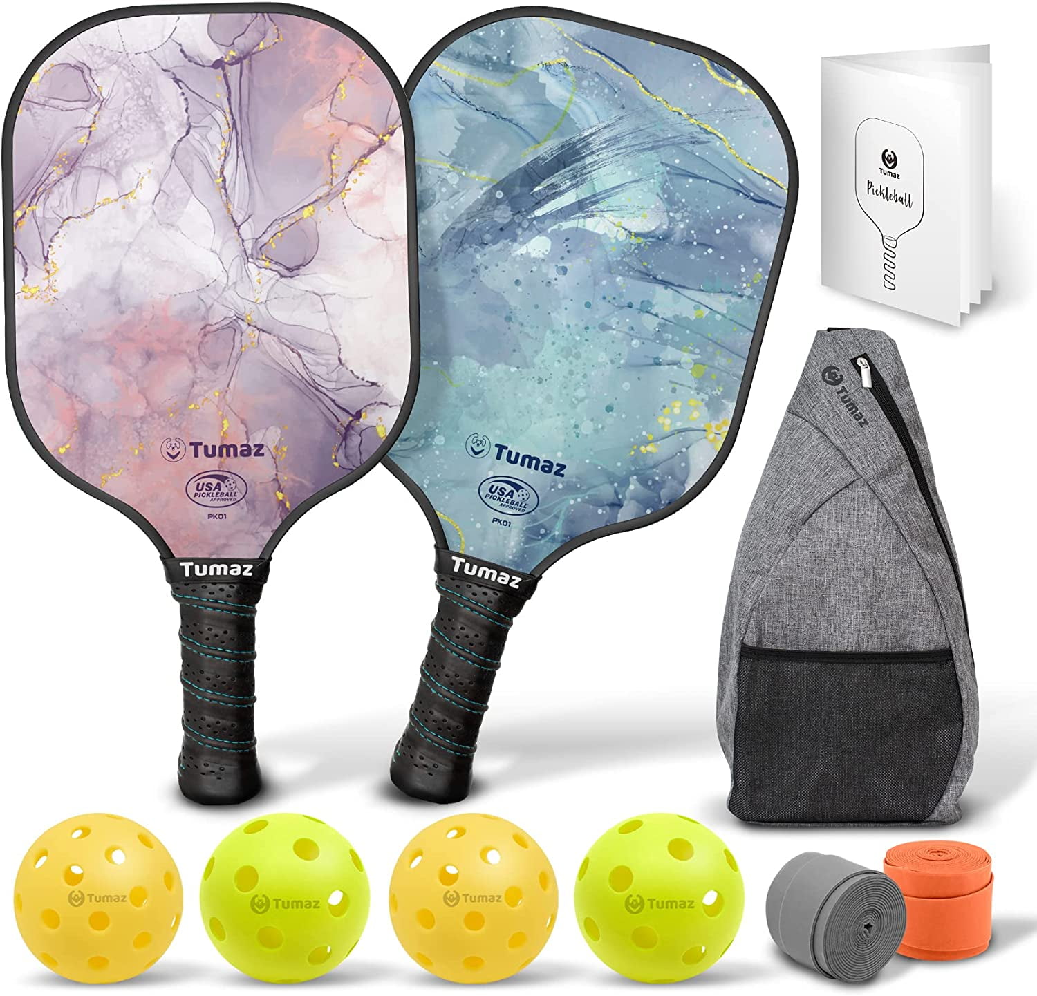 Tumaz USAPA Approved Pickleball Paddle Set - 2 Honeycomb Core Paddles, Floral, 4 Balls & Case ...