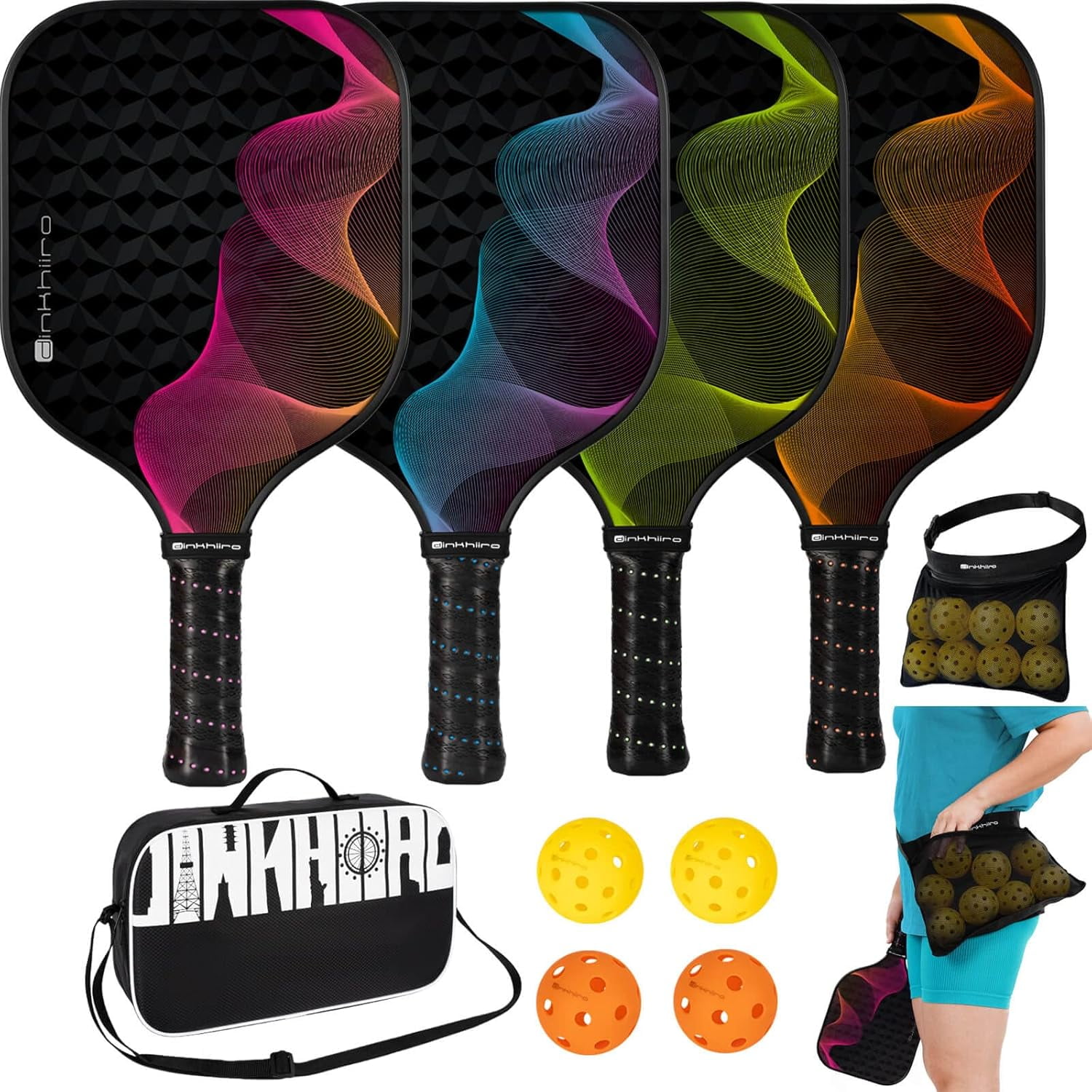 Pickleball-Paddles-Set of 4 with Balls and Racket Bag by ,13mm ...