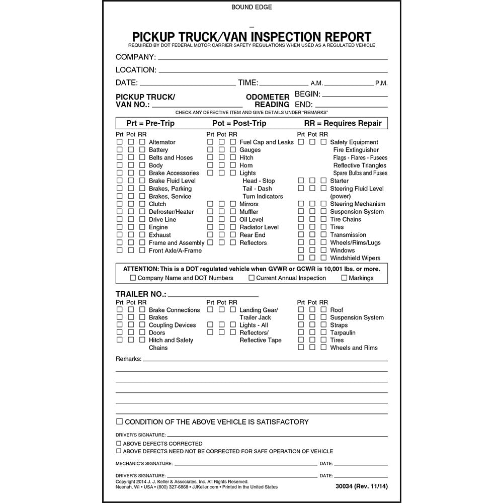 Pickup Truck/Van Vehicle Inspection Report 10-pk. - Book Format, 2-Ply ...