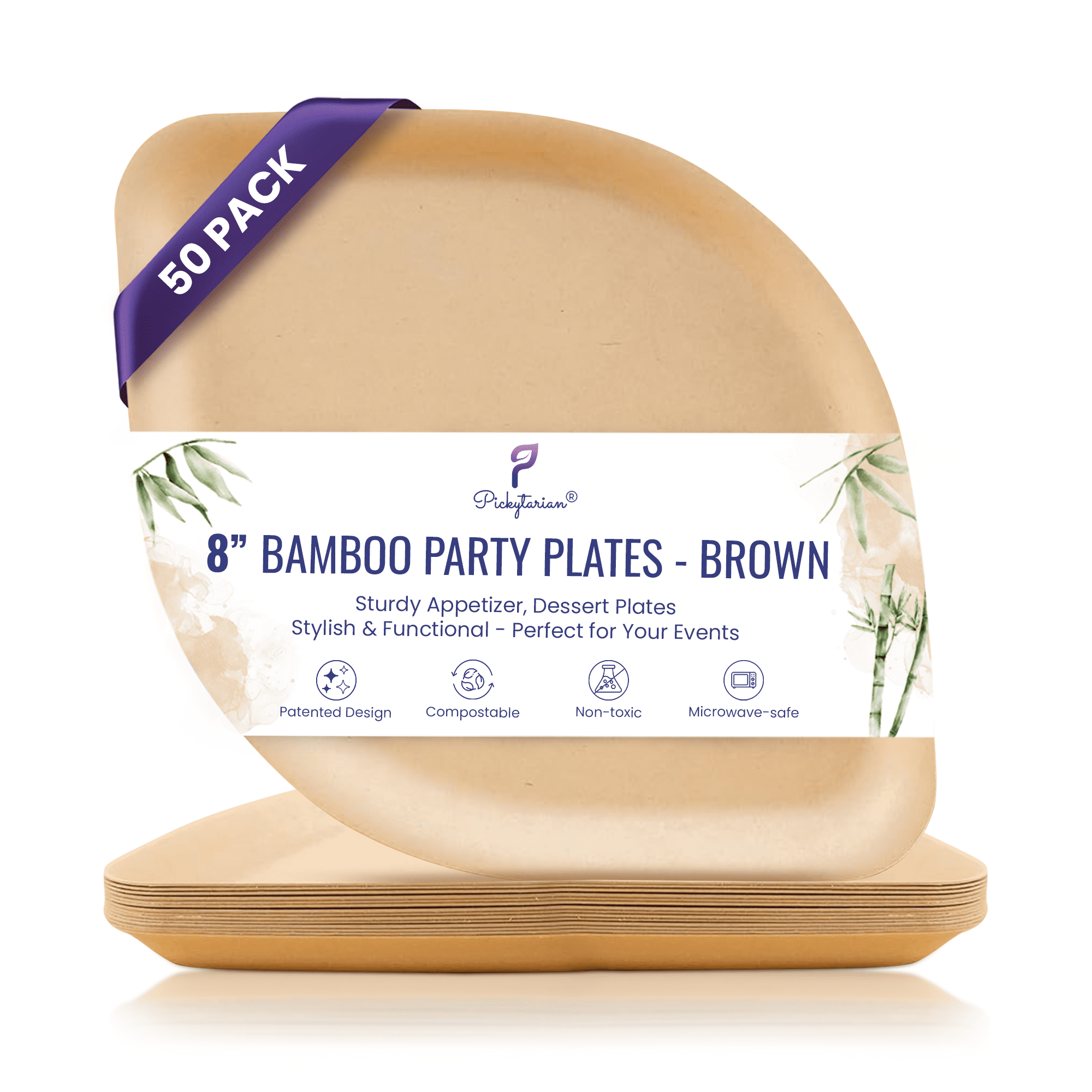 Pickytarian 50pcs Brown Plates 8 inch Bamboo Disposable Plates for ...