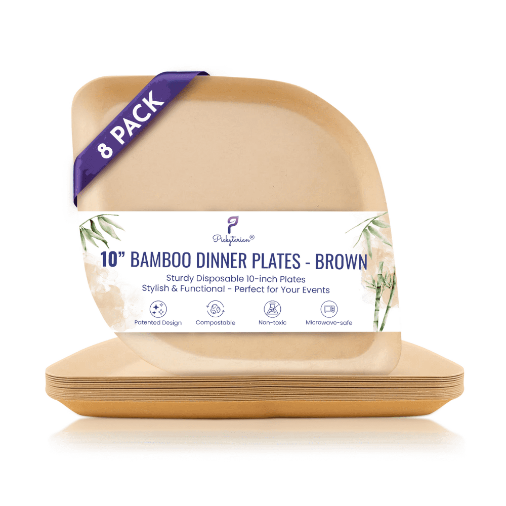 Pickytarian Compostable Bamboo Dinner Plates, 10 Inch, Brown, 8 Count ...