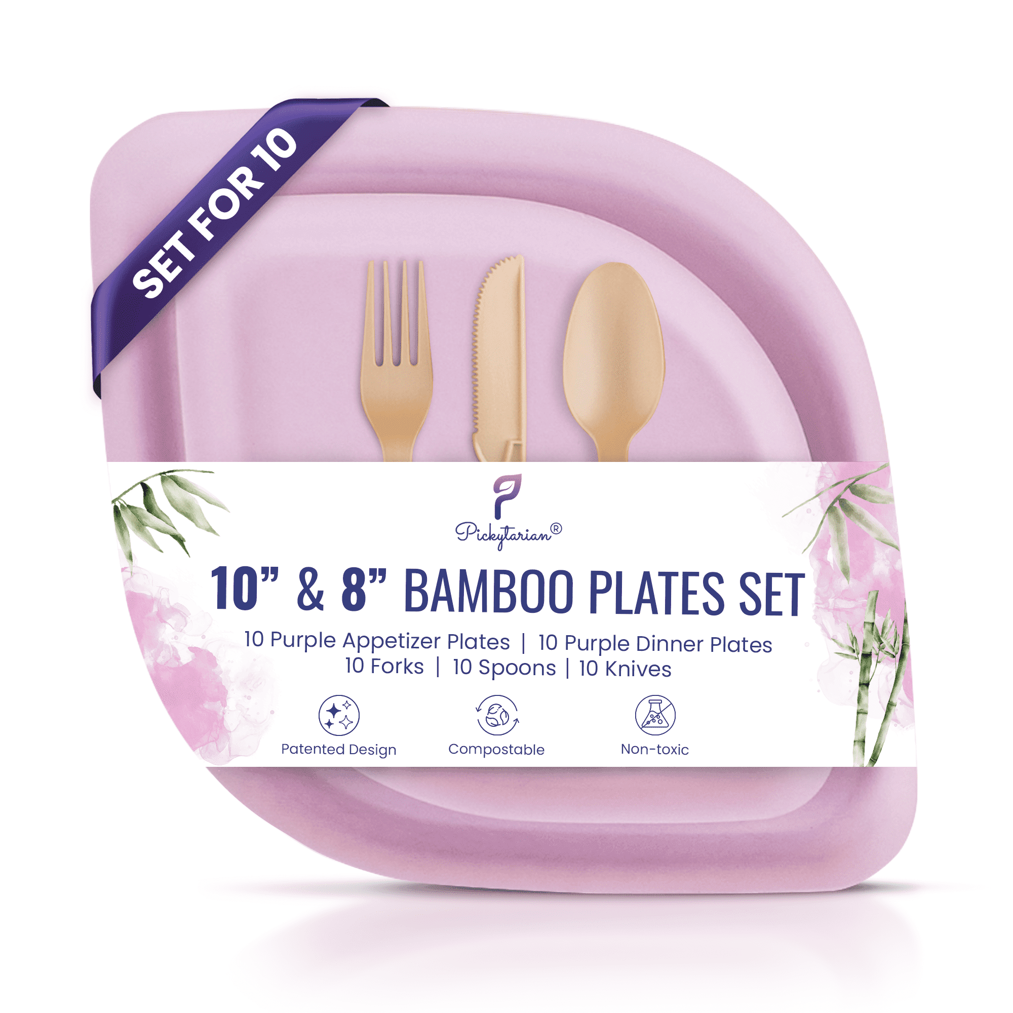 Pickytarian Disposable Fancy Bamboo Plates Tableware, Purple, 50-Piece ...