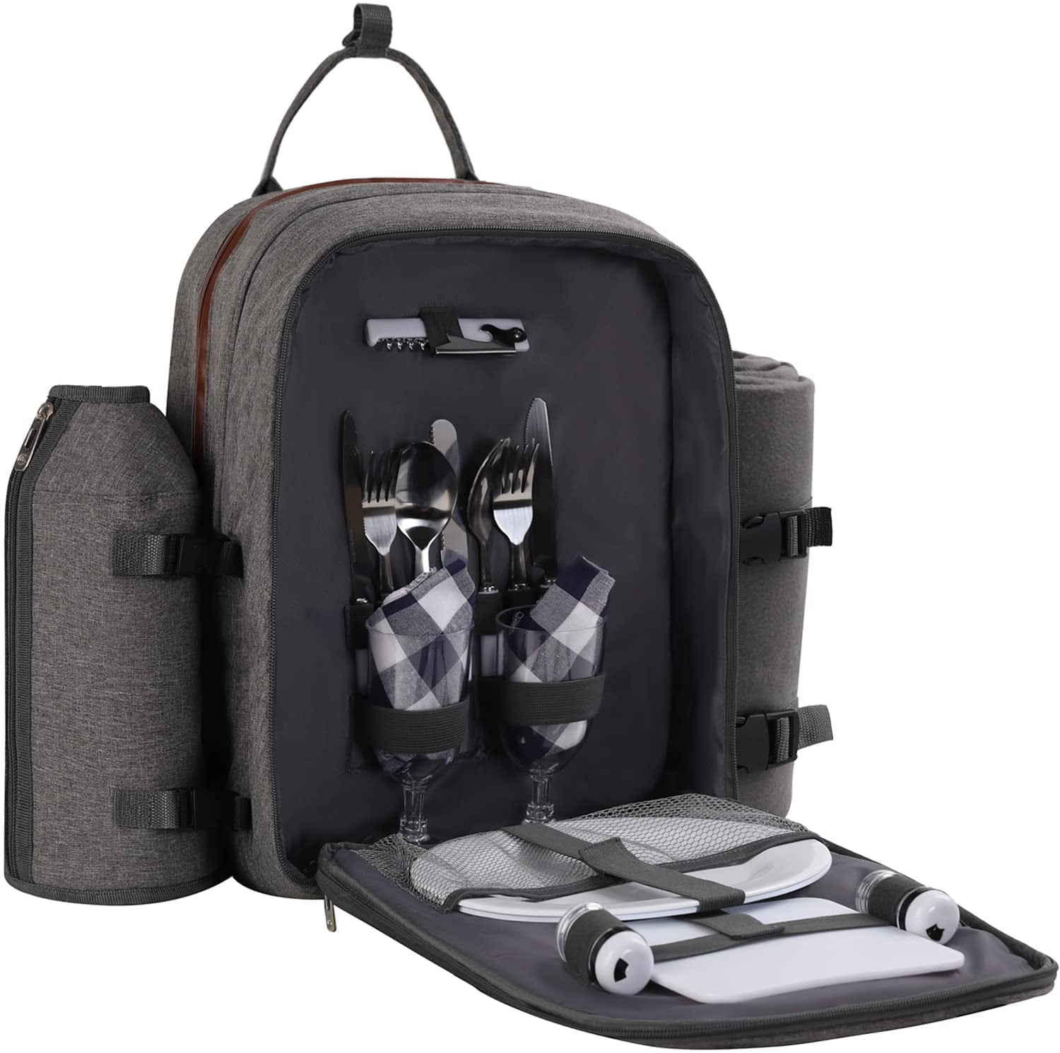 Picnic Backpack for 2 Person W/ Detachable Bottle/Wine Holder, Fleece ...