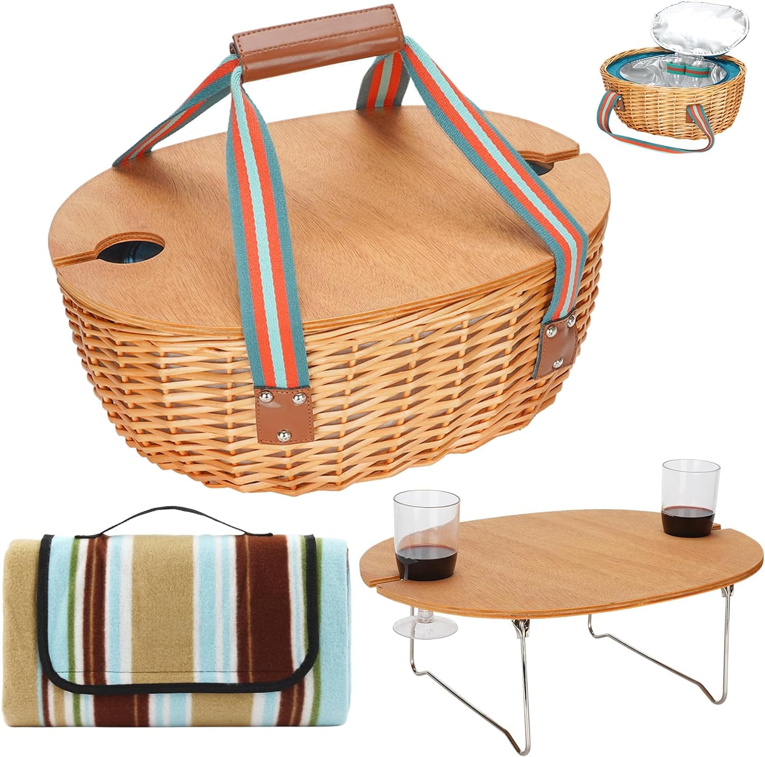Picnic Basket for 2 with Blanket - Wicker Picnic Basket with Table ...