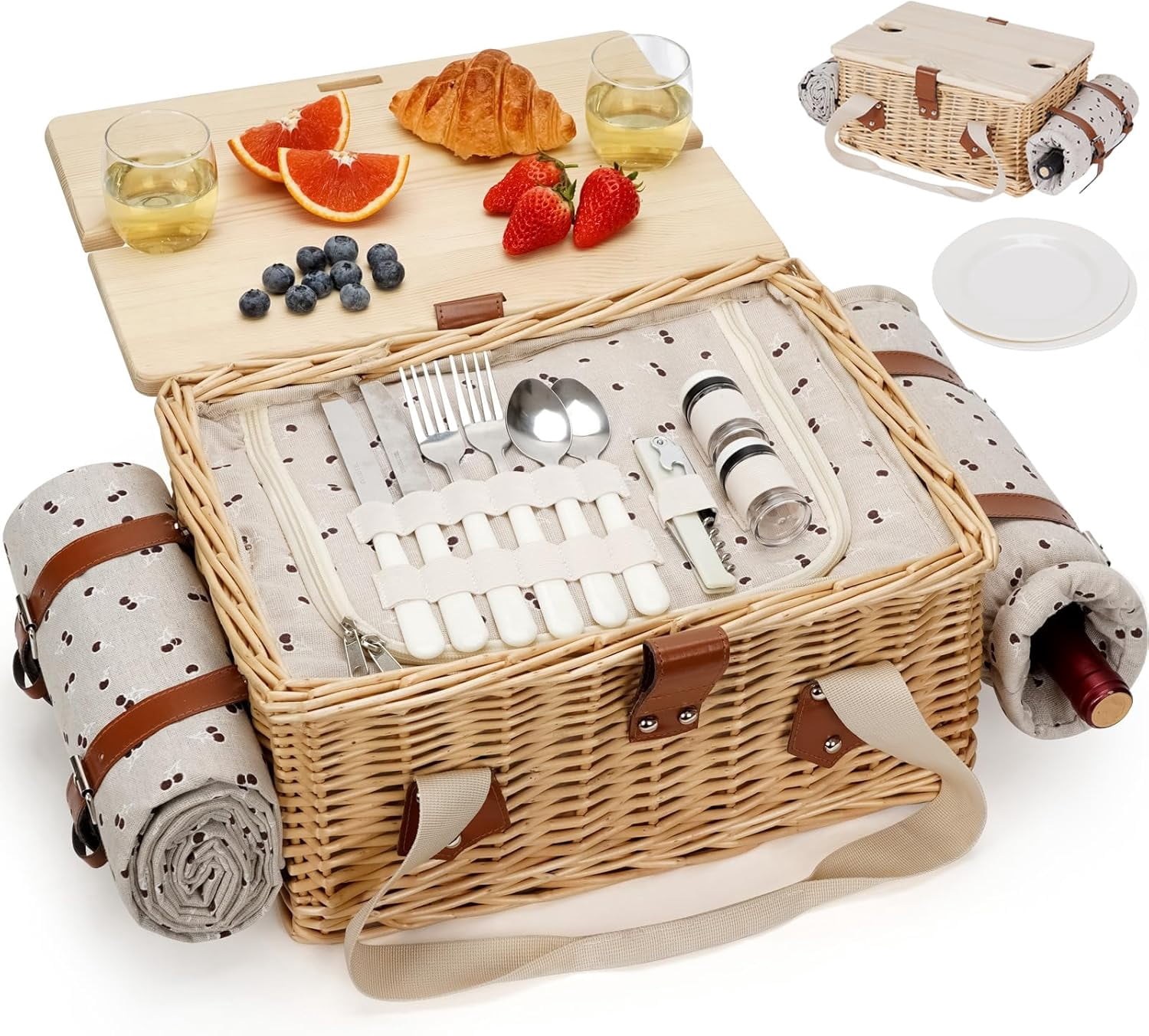 Picnic Basket for 2, Handmade Wicker Picnic Set with Folding Table and ...