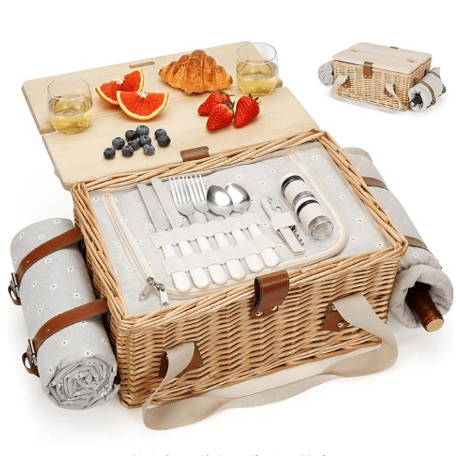 Picnic Basket for 2, Handmade Wicker Picnic Set with Folding Table and ...